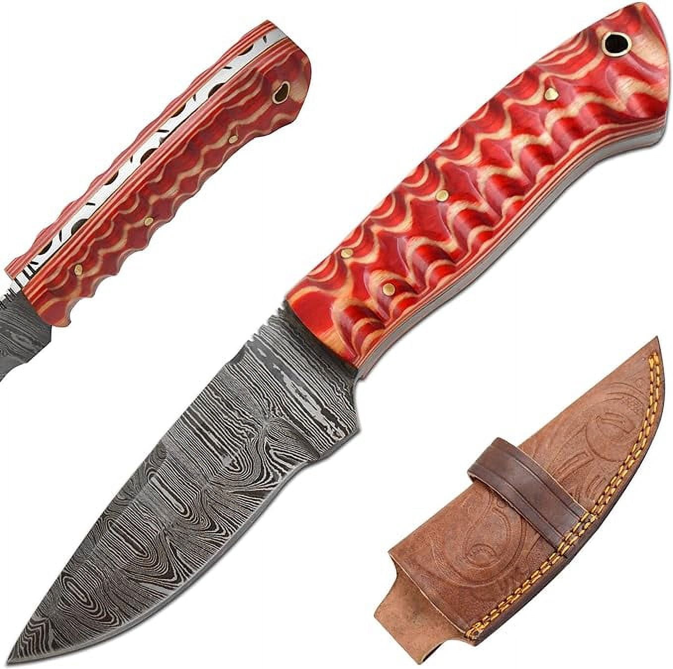 Old Ram Twisted Red Wood 8.25" Damascus Hunting Knife with Leather ...