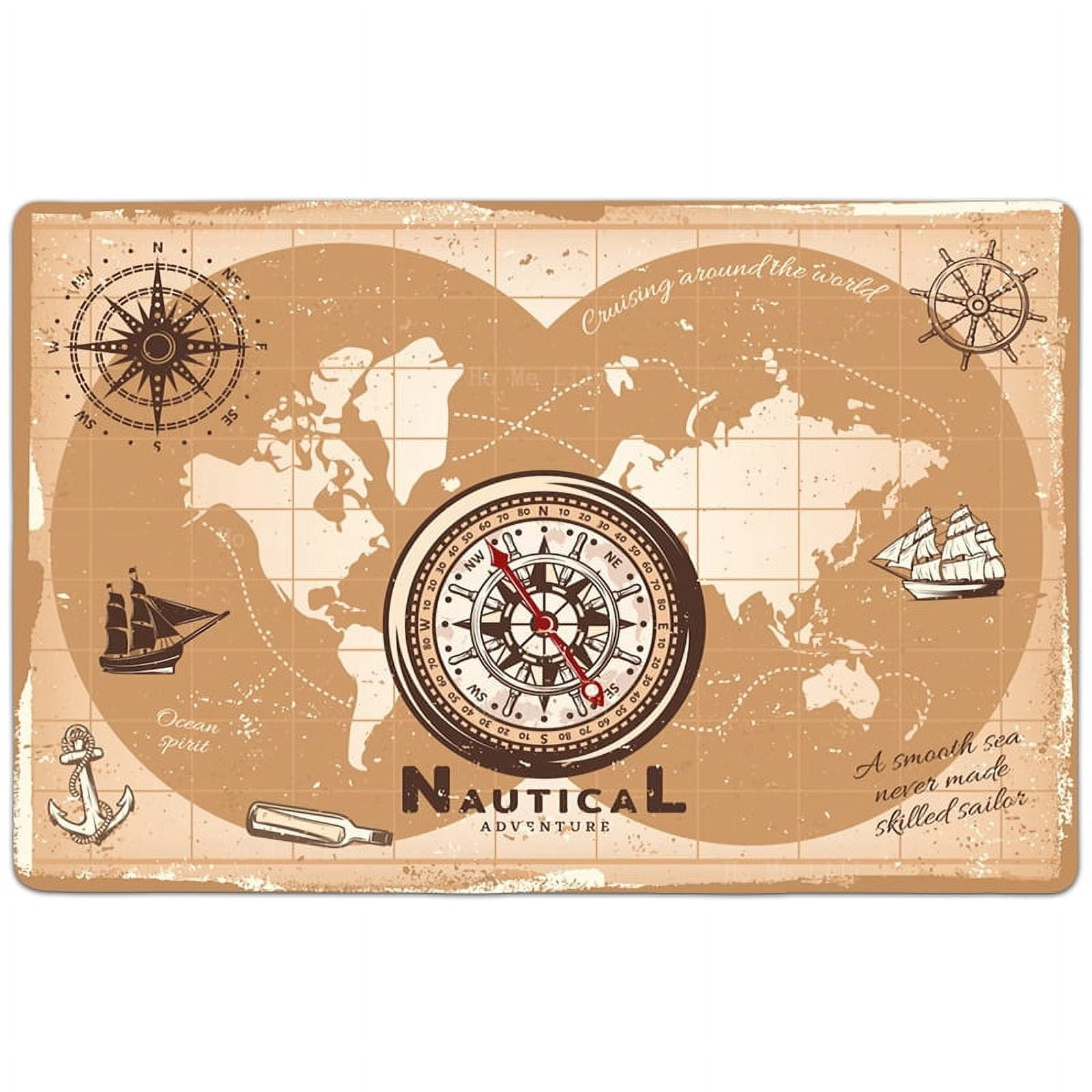 Old Sailing World Map Continents And Oceans With Compass Bottle Anchor ...