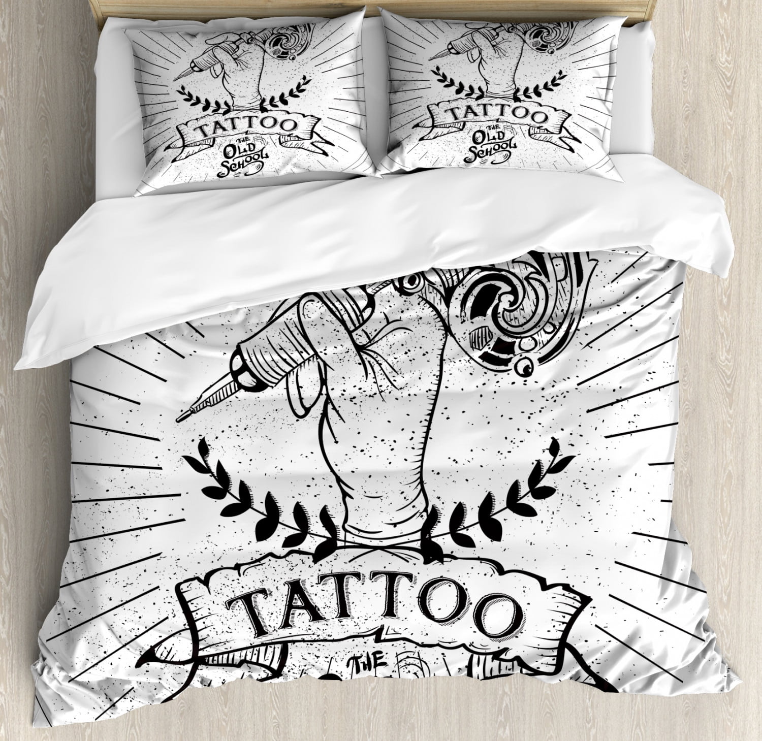Old School Duvet Cover Set King Size, Monochrome Retro Themed Sketch ...