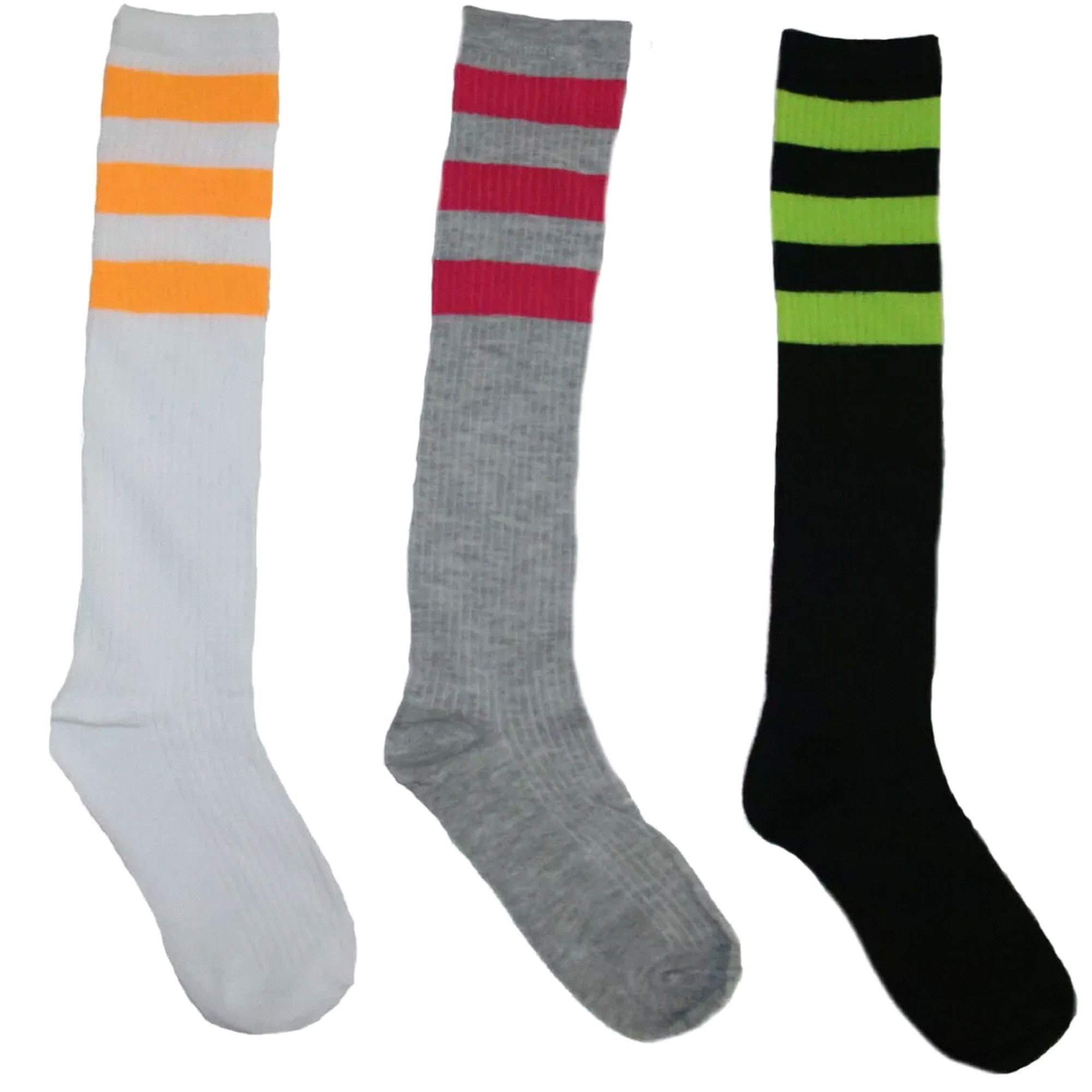 Old School Tube Socks 3 Pack, White/Orange, Gray/Pink and BlackGreen (9 ...