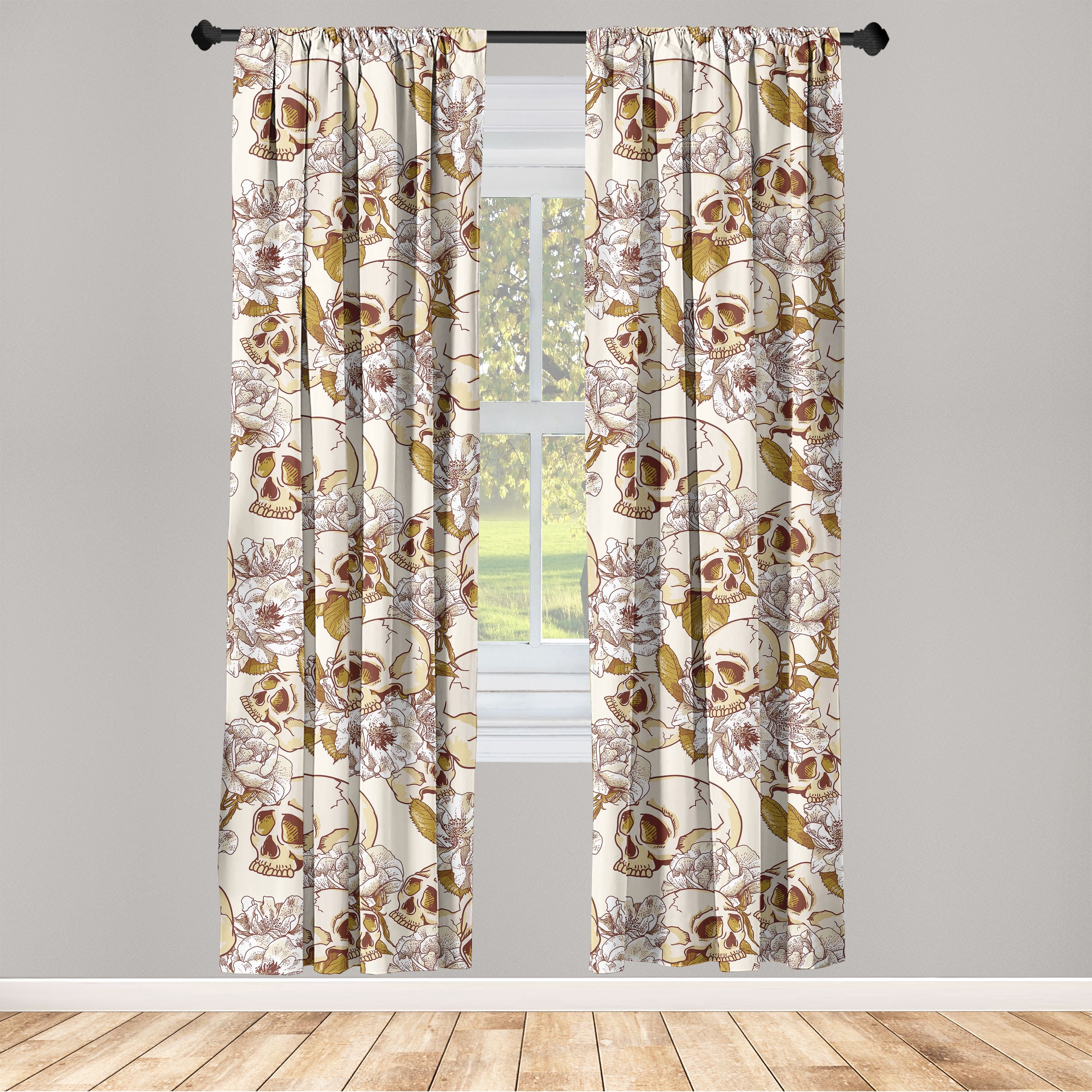 Old School Window Curtains, Gothic Vibe American Traditional Skull and ...