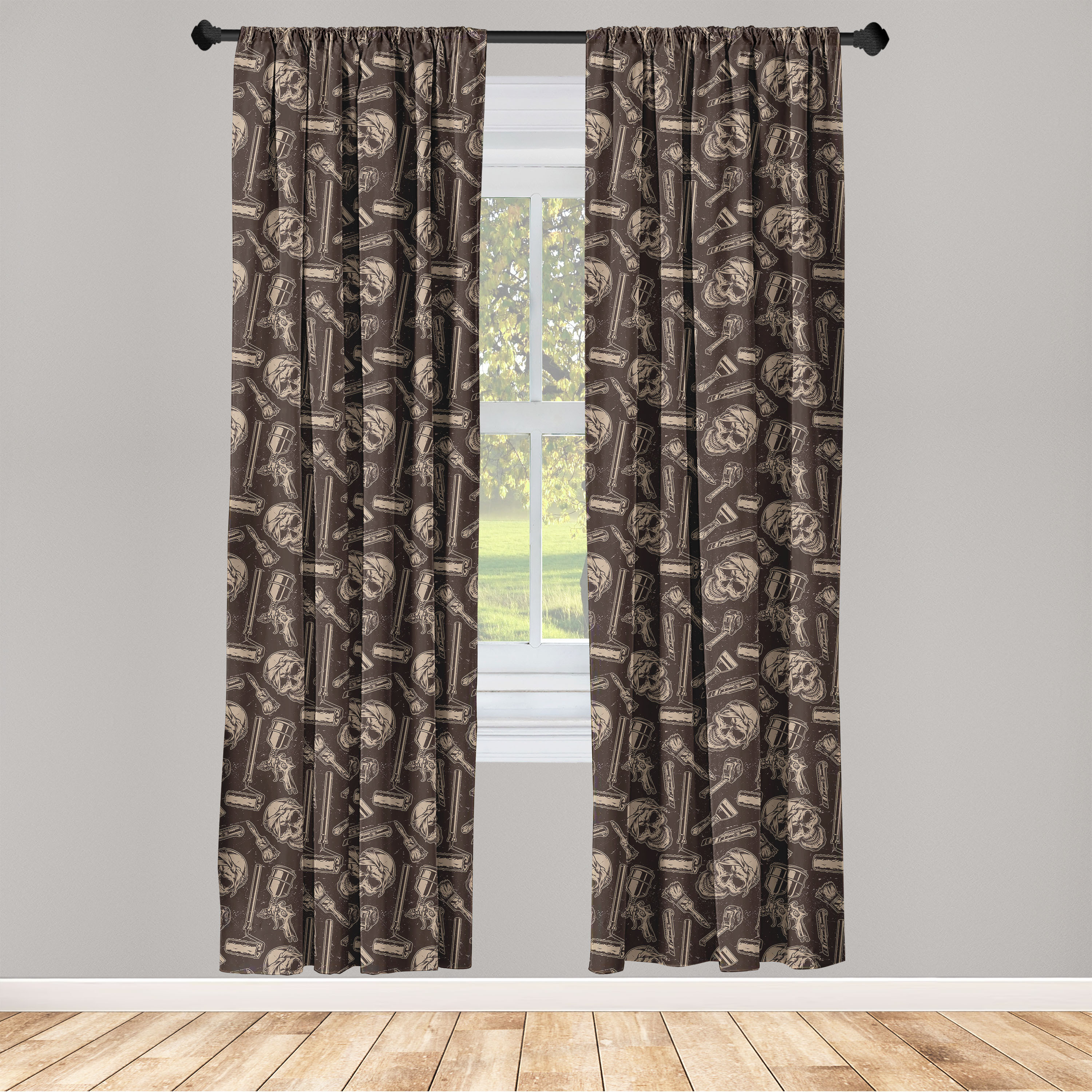 Old School Window Curtains, Traditional Style Illustrated Skull and ...