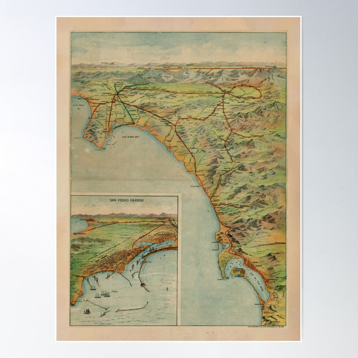 Old Southern California Coast Map (1897) Vintage San Pedro To San Diego ...