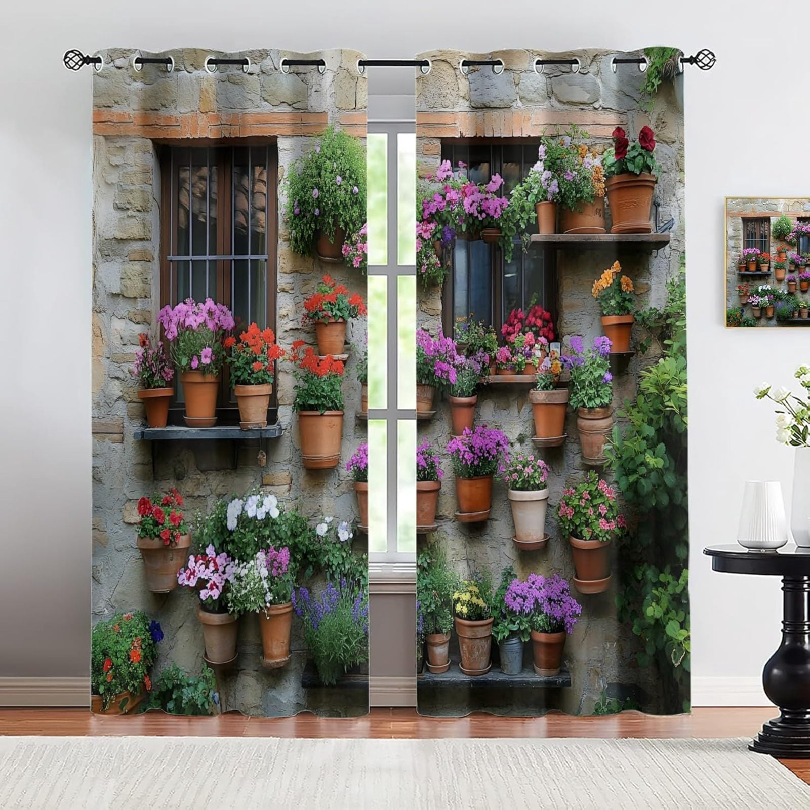Old Stone Wall Floral Blackout Curtains For Living Room, Pastoral Town ...