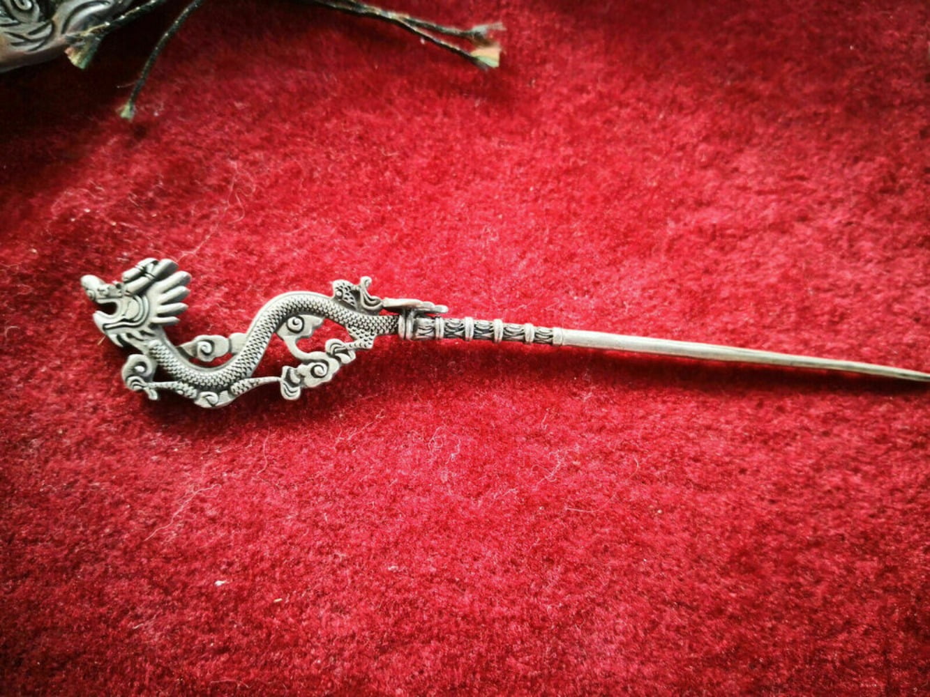 Old Tibet Silver Carving Dragon Hairpin Antique Headdress Gift 5.9 ...