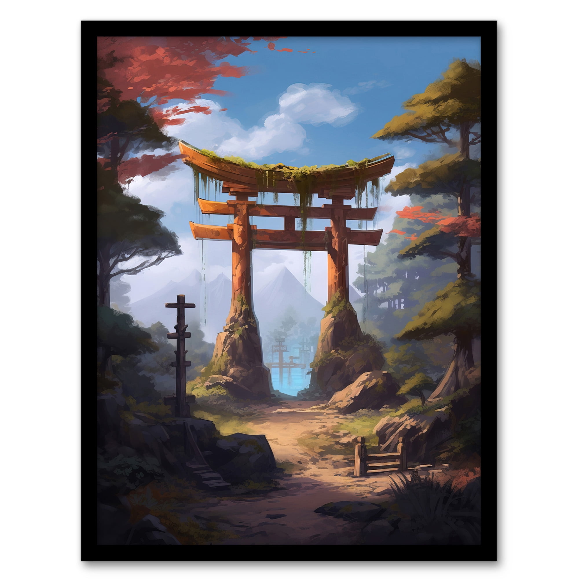 Old Torii Gate Leading to Shinto Shrine by Lake Painting Pink Green ...