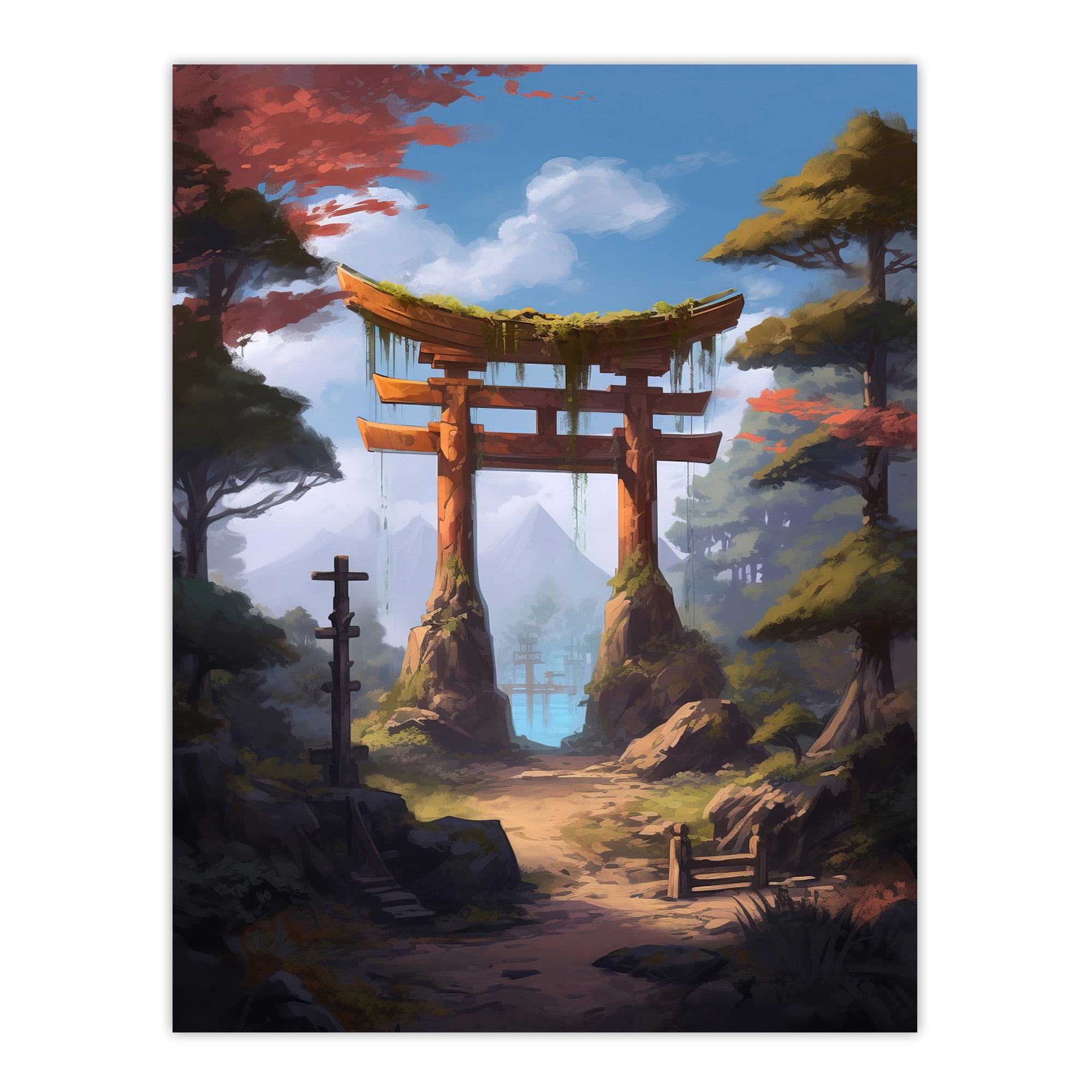 Old Torii Gate Leading to Shinto Shrine by Lake Painting Pink Green ...