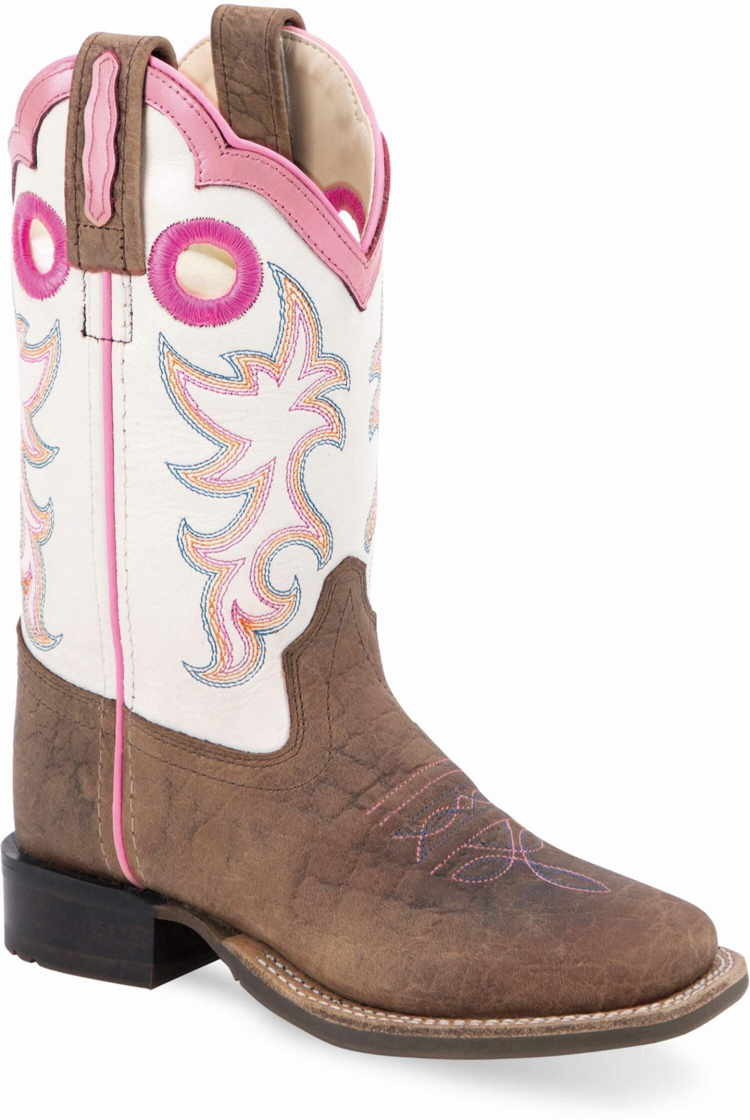 Old West Brown Bull Hide Print Foot White Shaft with Pink Collar ...