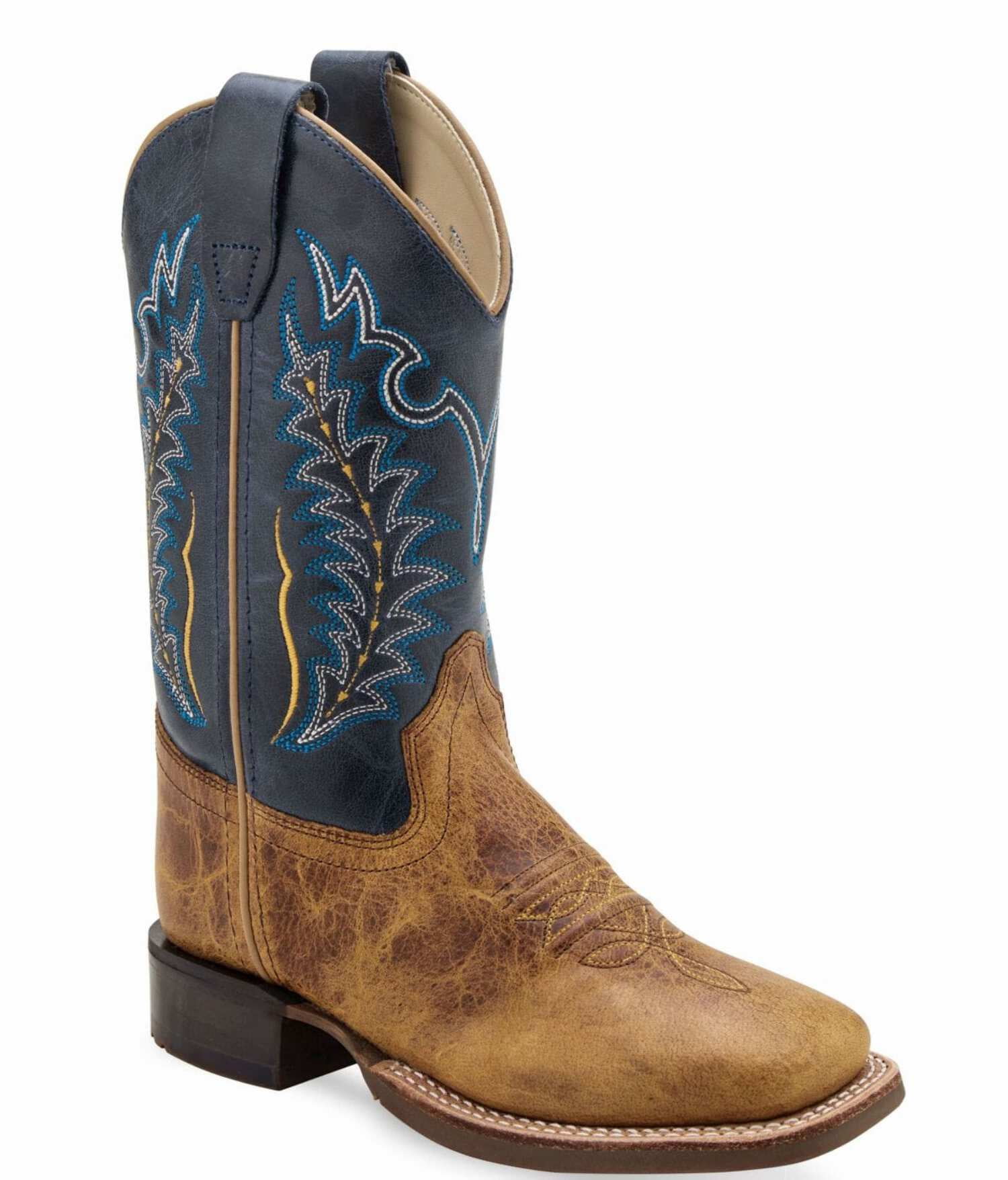 Old West Burnt Brown Foot Cactus Navy Shaft Youth's Broad Square Toe ...