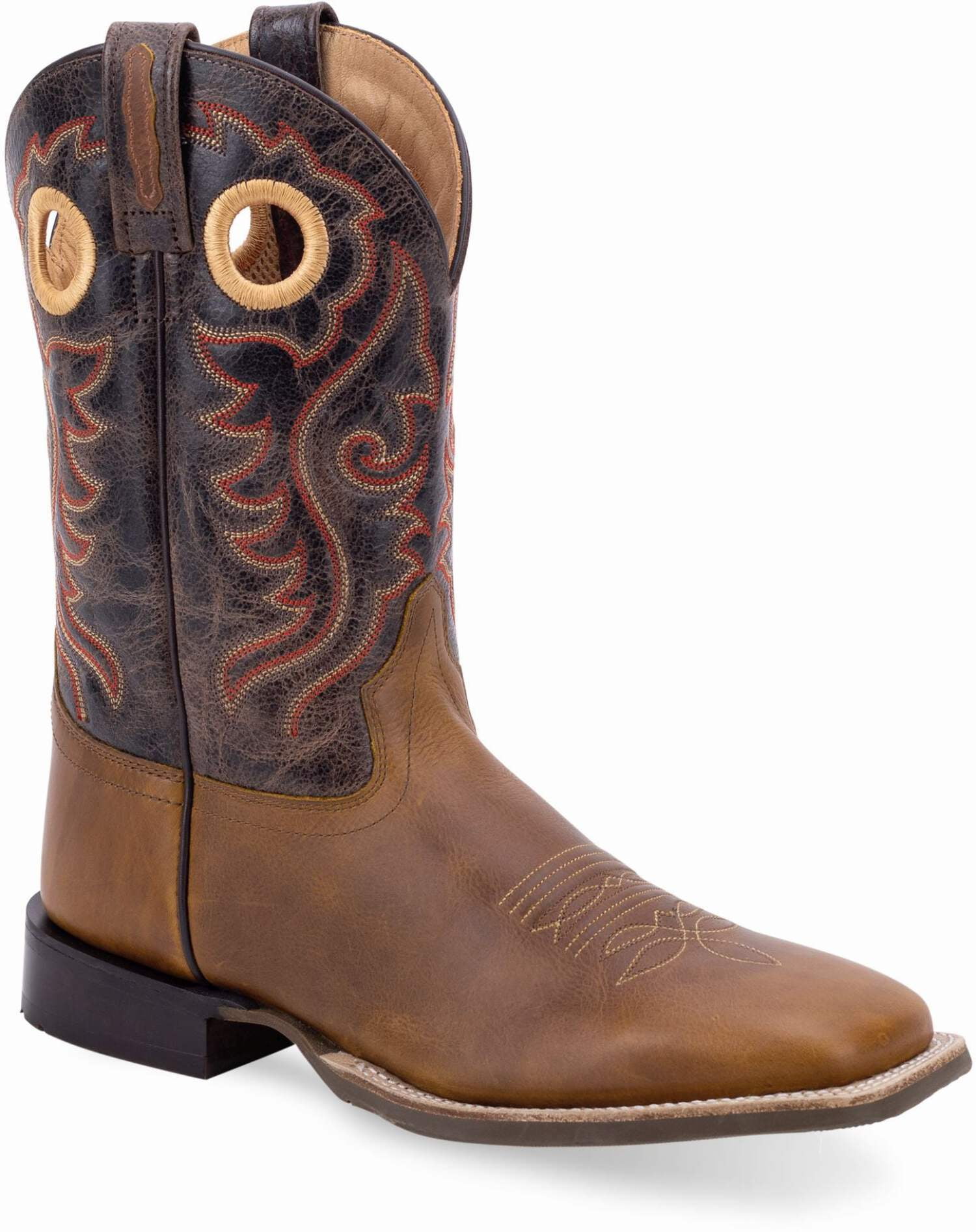 Old West Crazy Horse Tan Foot Burnt Dark Brown Shaft Men's Broad Square ...