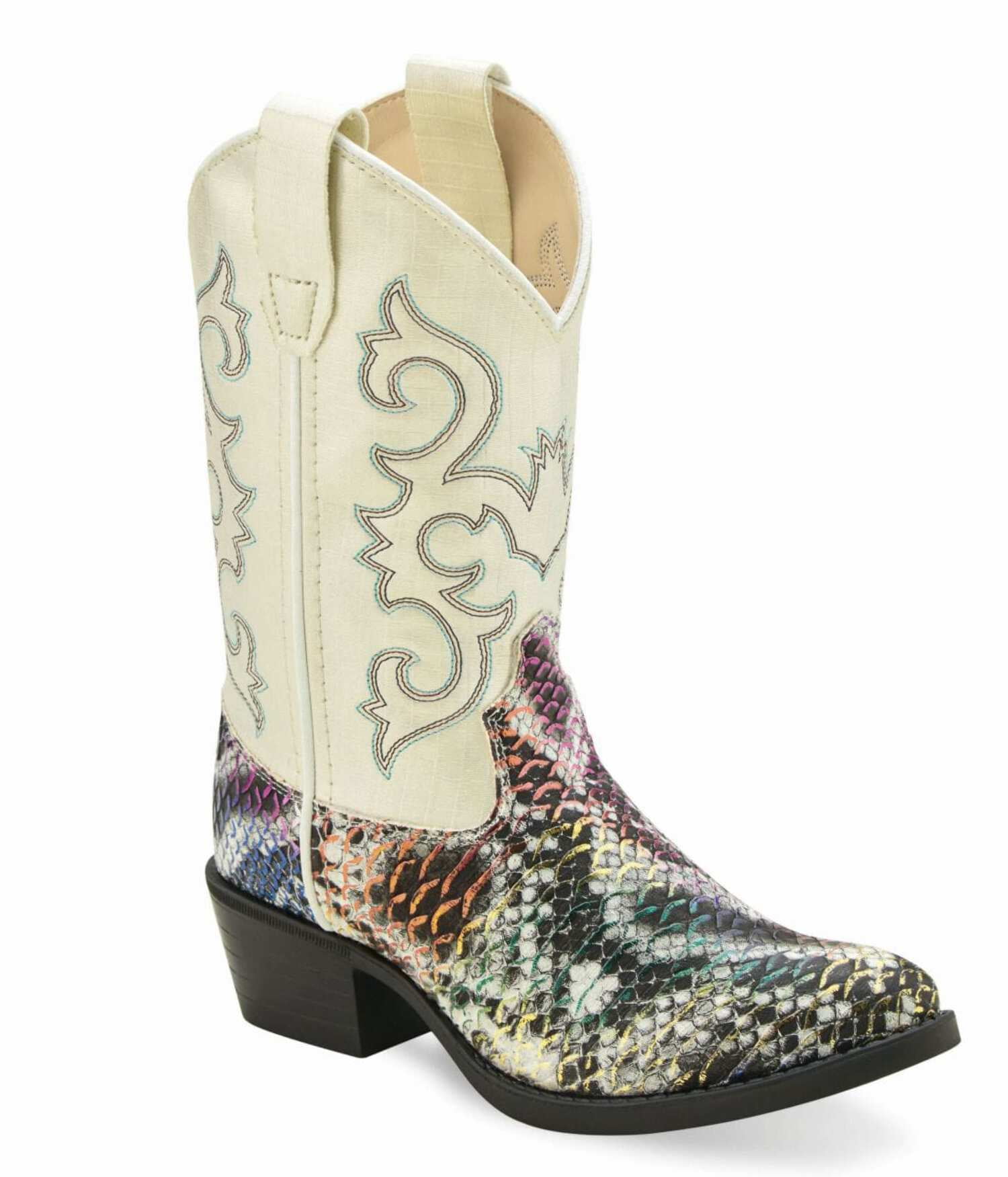 Old West Girls Multicolored Snake Print Foot / Shiny Cream Shaft Boot ...