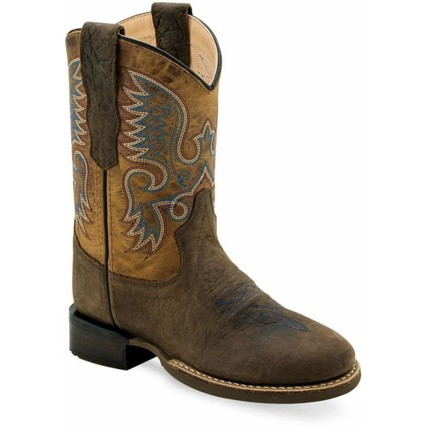 Old West Youth Unisex Broad Round Toe Burnt Dark Brown Leather Cowboy ...