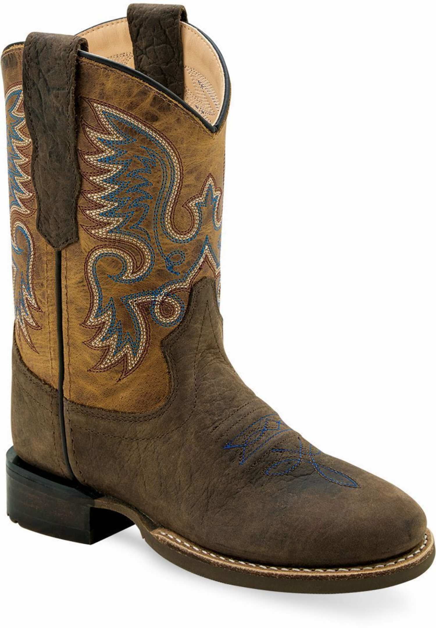 Old West Youth Unisex Broad Round Toe Burnt Dark Brown Leather Cowboy ...