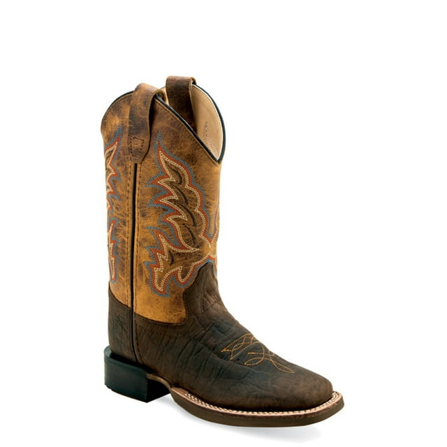 Old West Youth Unisex Broad Square Toe Burnt Dark Brown Leather Cowboy ...