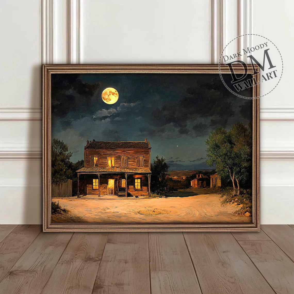 Old Western Saloon Under Full Moon, Dark Moody Wall Art, Rustic Desert ...