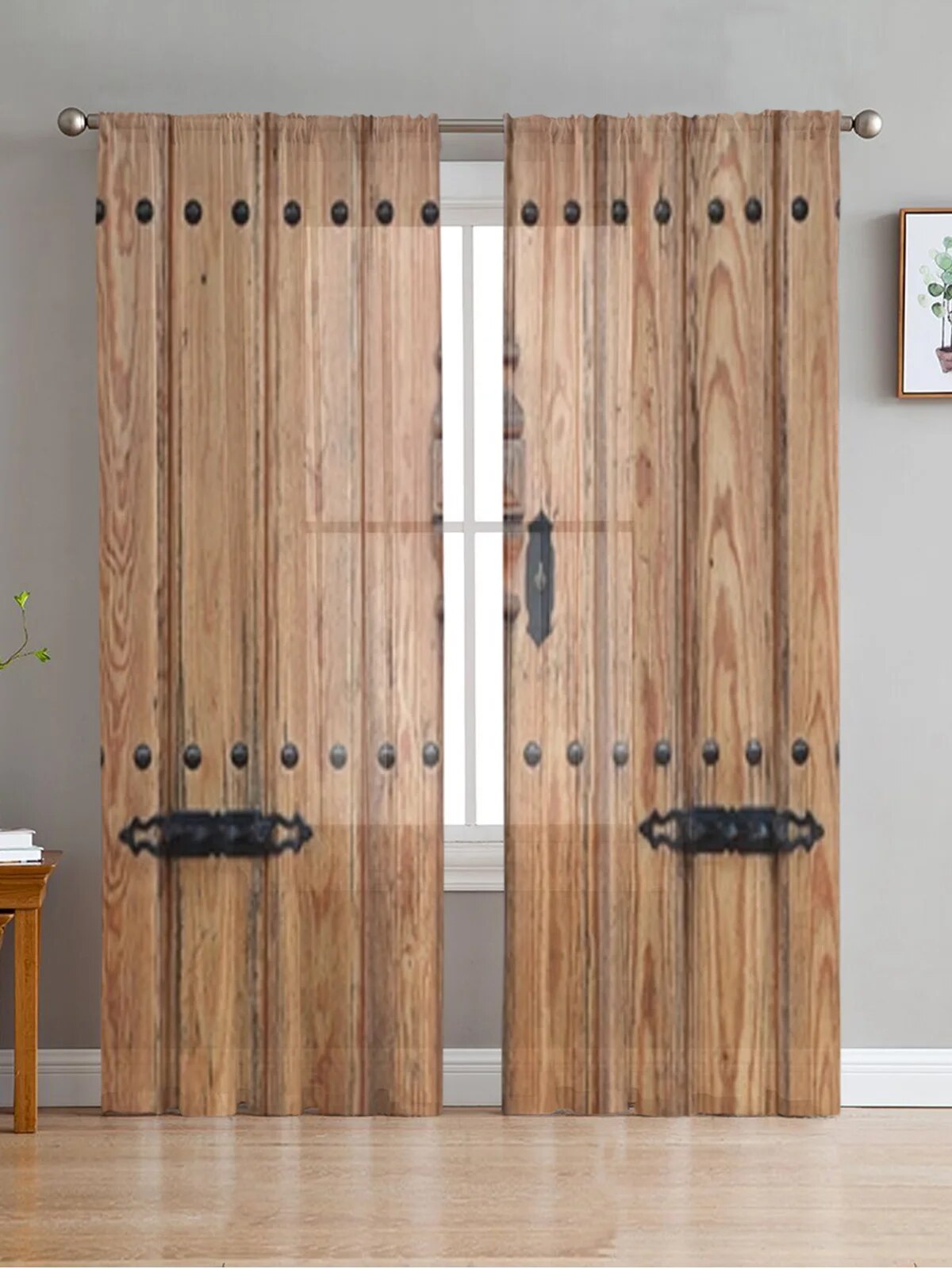 Old Wood Door Sheer Curtains Bedroom Voile Curtain Living Room Window ...