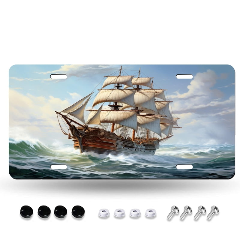 Old Wooden Sailing Ship with White Sails on The Sea Front License Plate ...