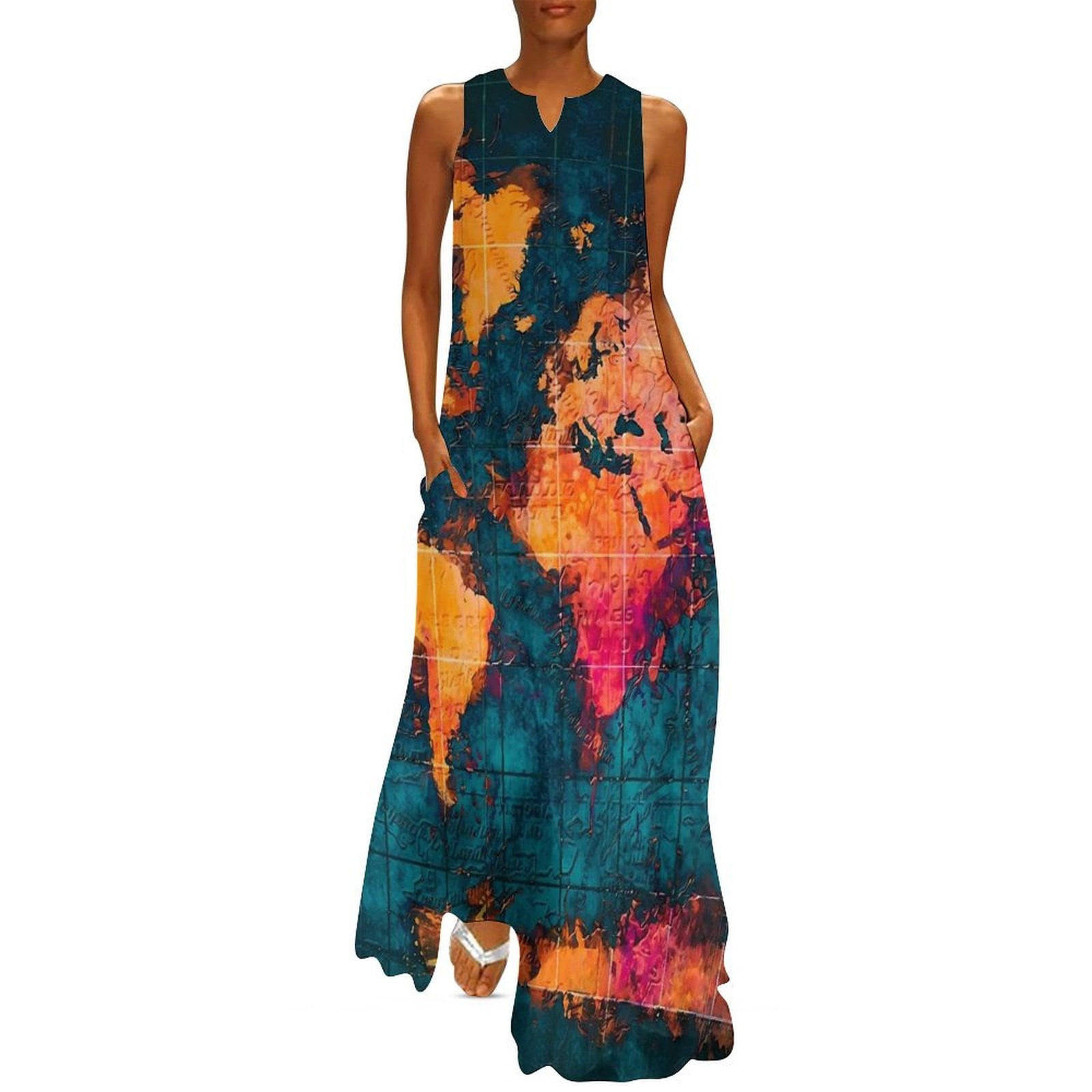 Old World Map Dress Antique Map Elegant Maxi Dress V Neck Graphic ...