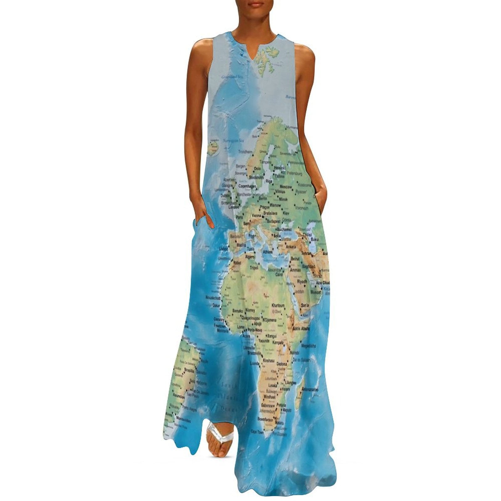 Old World Map Dress Antique Map Elegant Maxi Dress V Neck Graphic ...