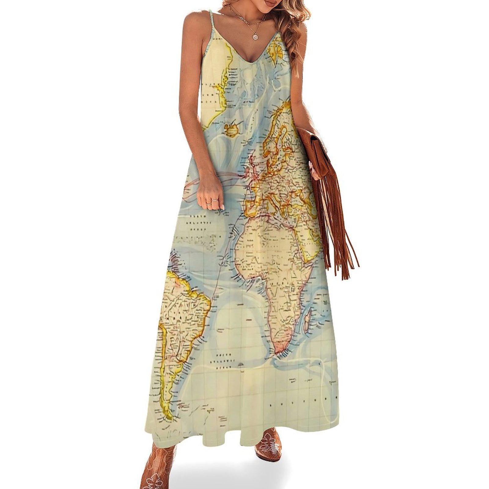 Old World Map Dress Antique Map Modern Maxi Dress V Neck Boho Beach ...