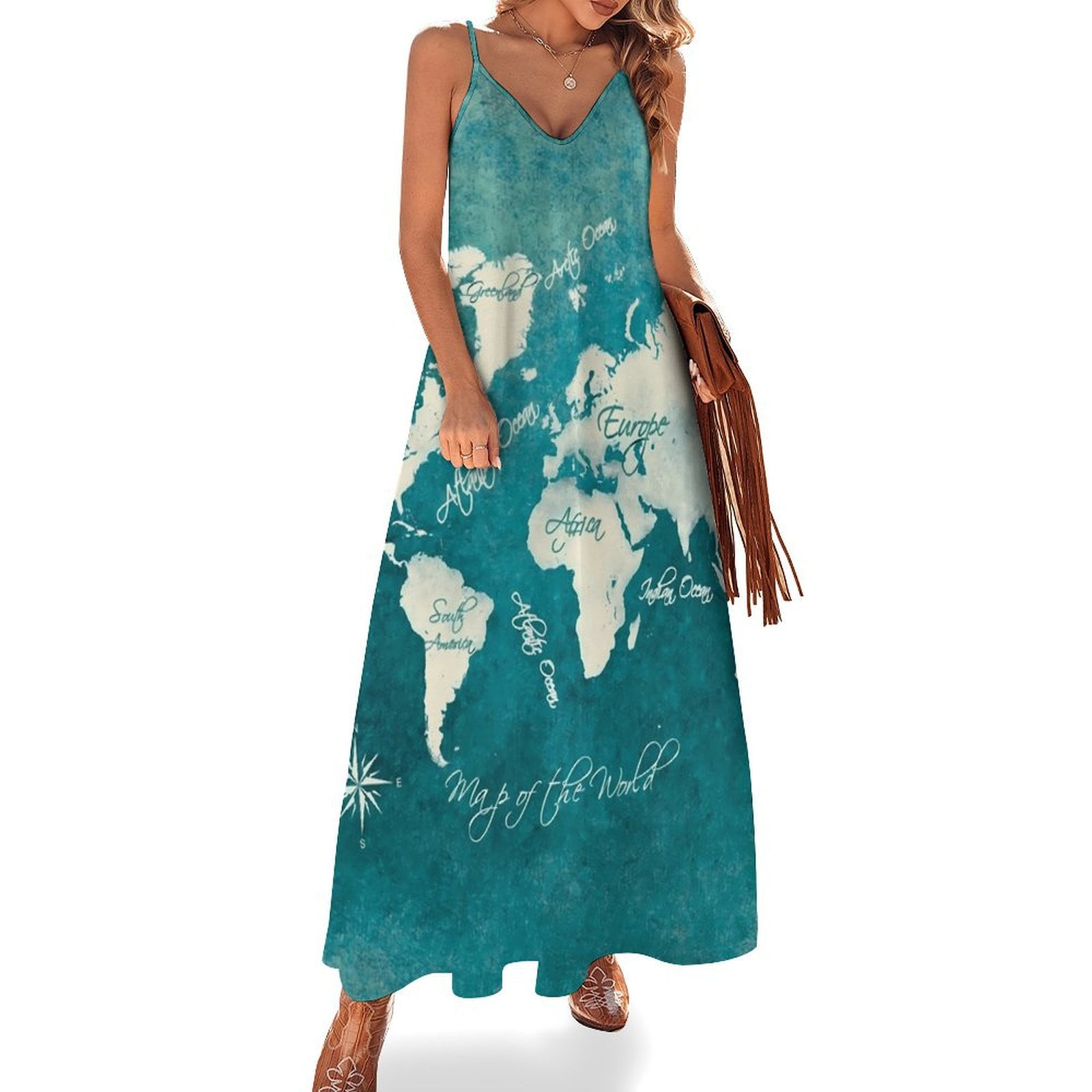 Old World Map Dress Antique Map Modern Maxi Dress V Neck Boho Beach ...