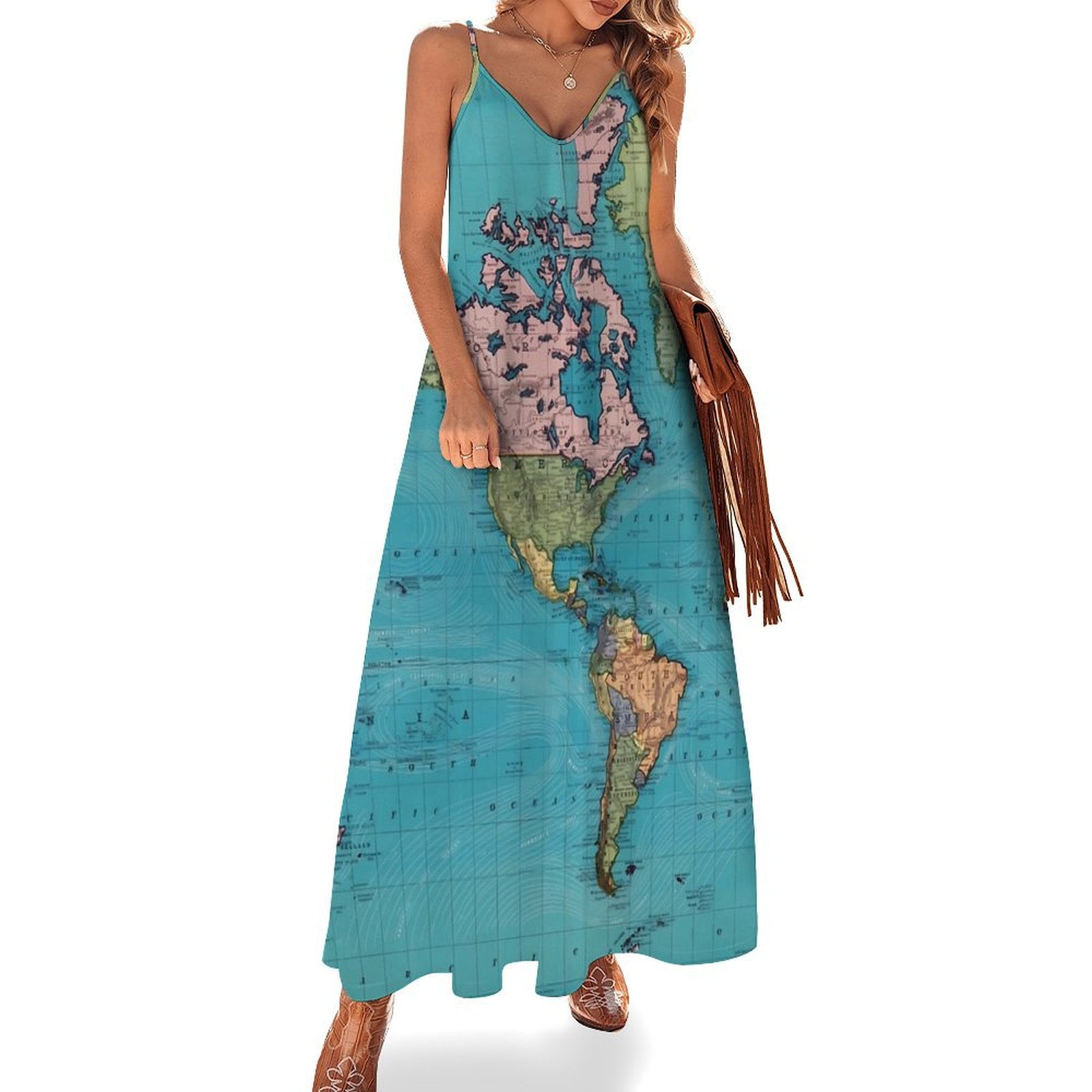 Old World Map Dress Antique Map Modern Maxi Dress V Neck Boho Beach ...