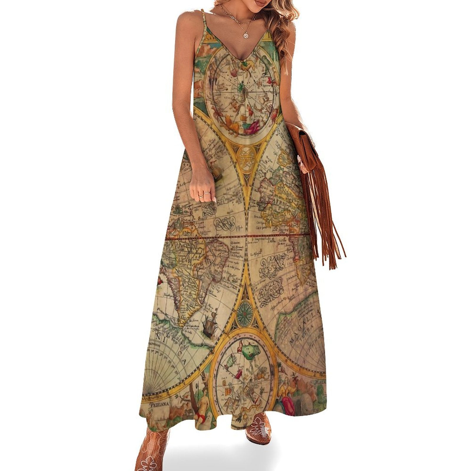 Old World Map Dress Antique Map Modern Maxi Dress V Neck Boho Beach ...