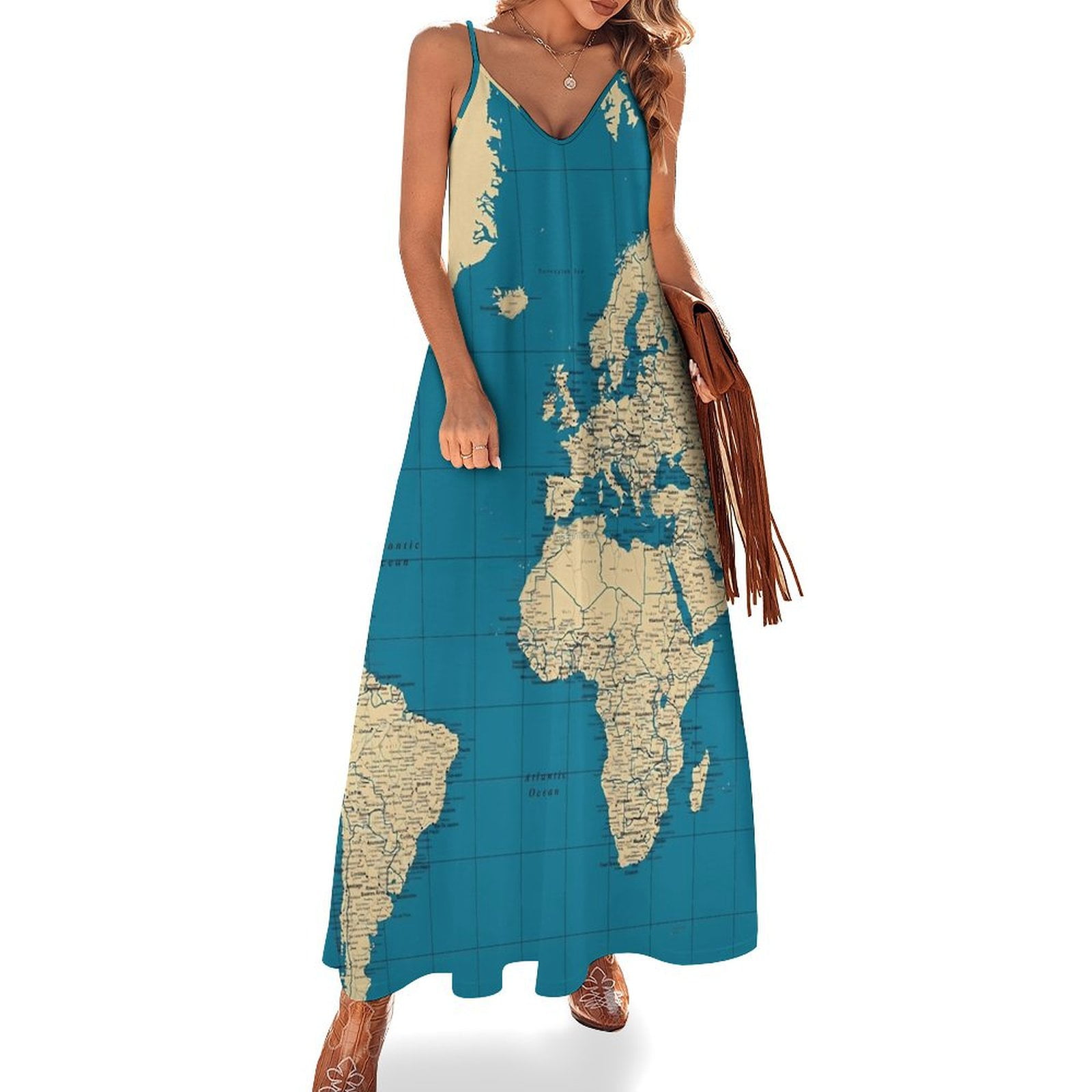 Old World Map Dress Antique Map Modern Maxi Dress V Neck Boho Beach ...