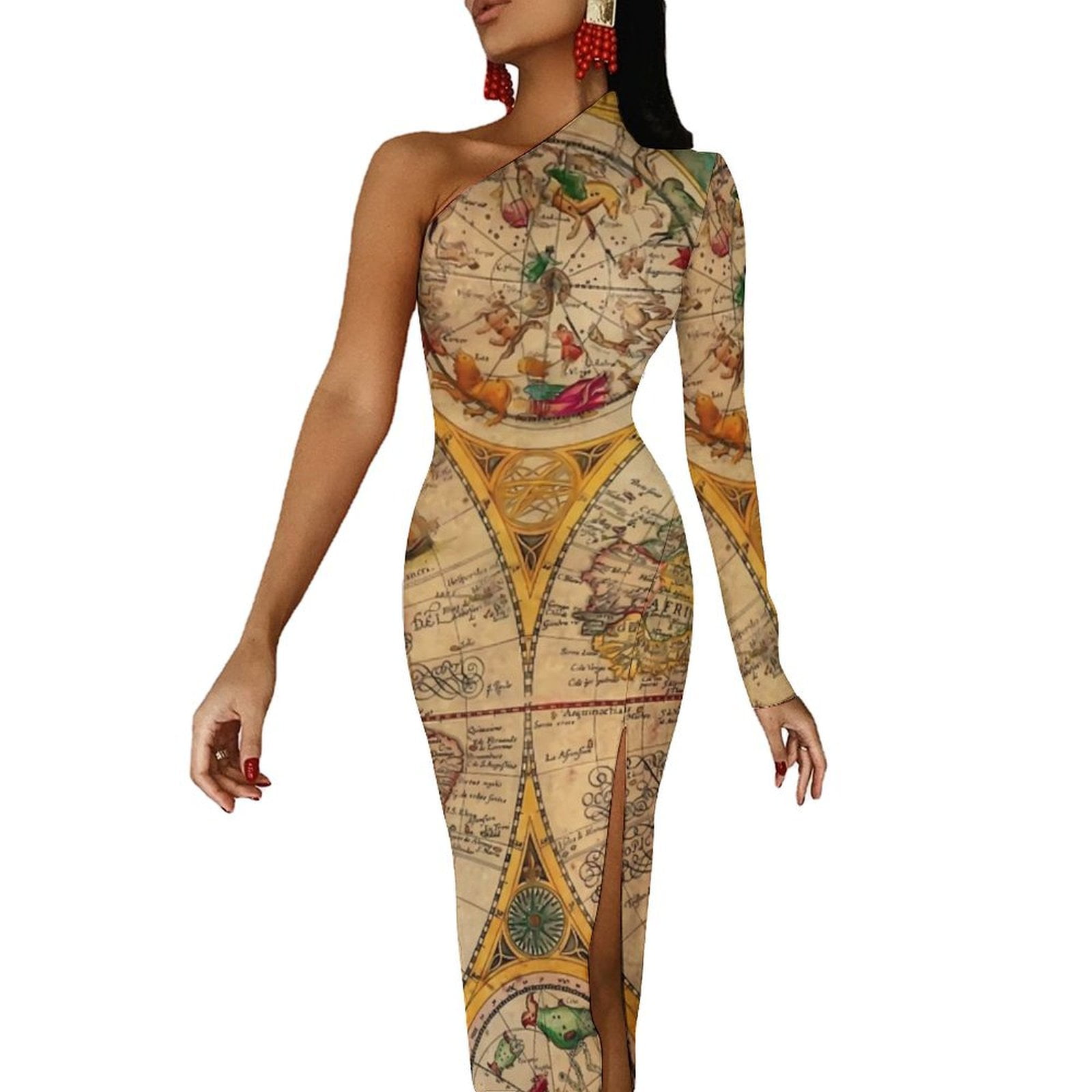 Old World Map Globe Maxi Dress Long Sleeve Vintage Map Streetwear ...