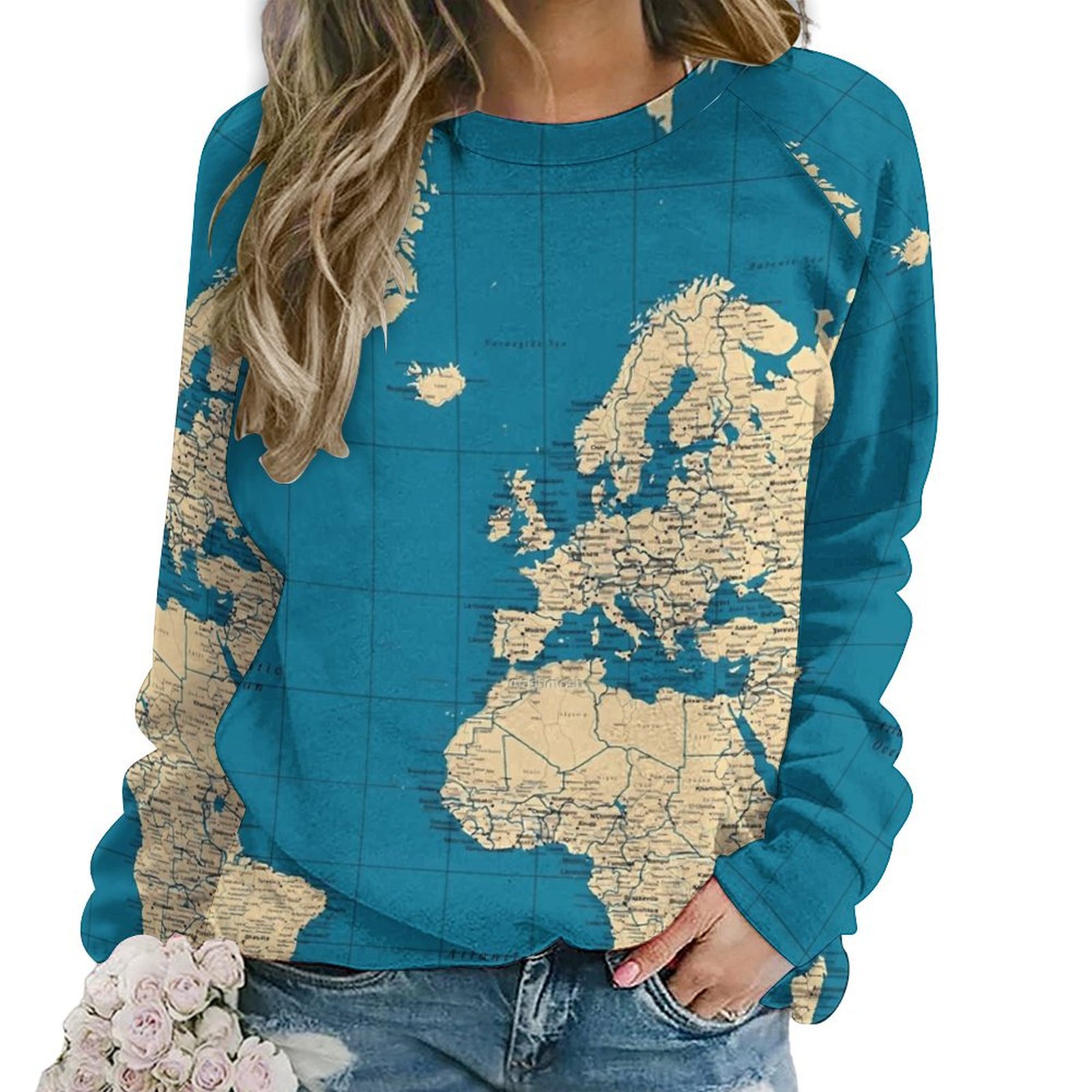 Old World Map Hoodies Female Long Sleeve Antique Map Cute Casual Hoodie ...