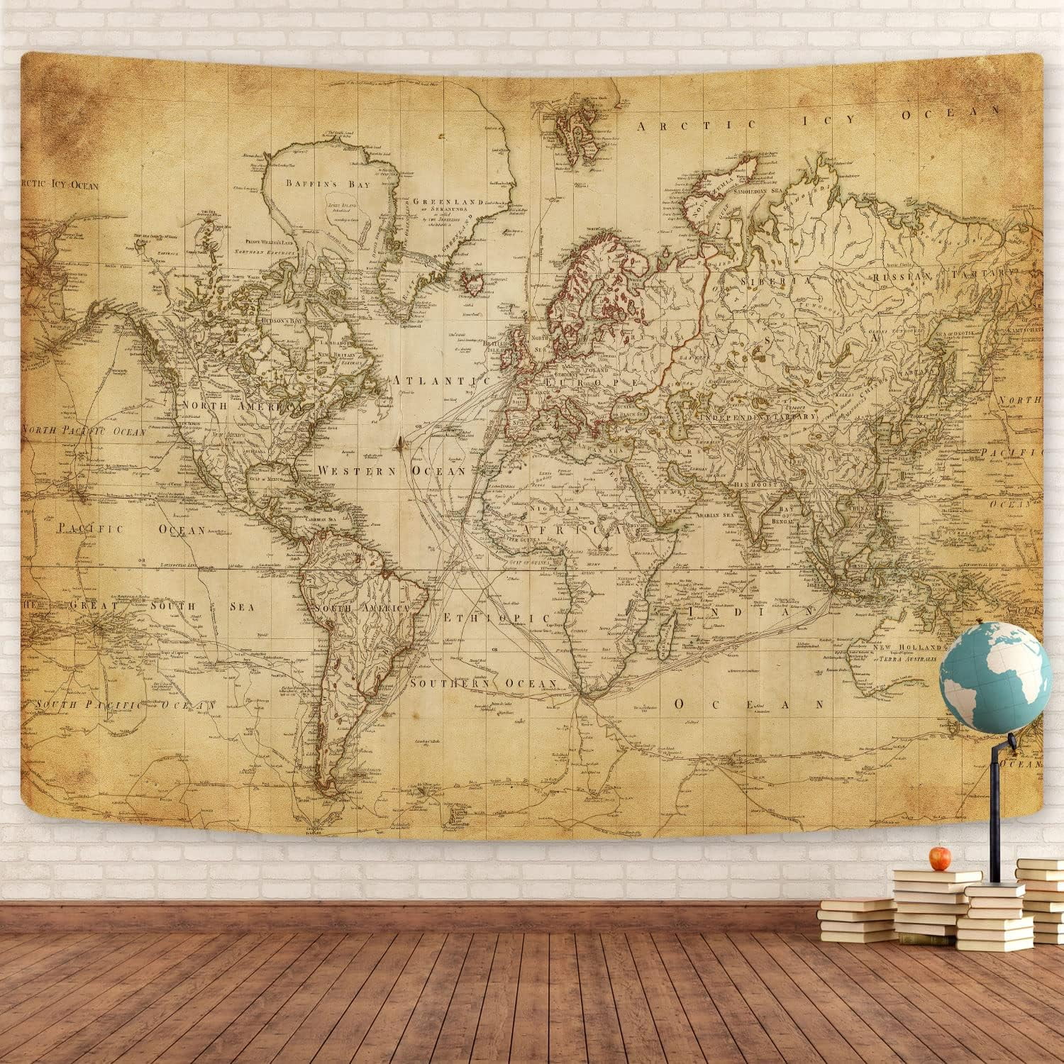 Old World Map Tapestry, Vintage Geographical Distribution Wall Hanging ...