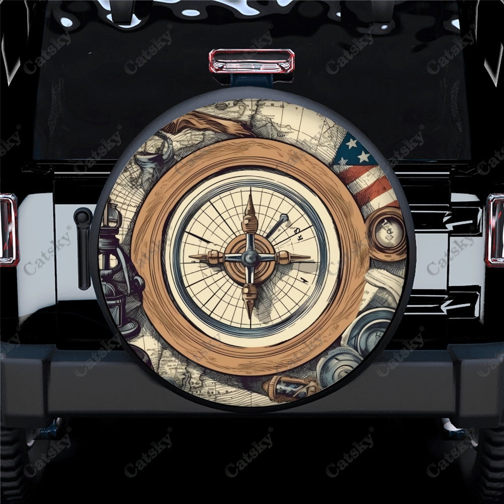 Old World Map with Compass Pattern Polyester Universal Spare Wheel Tire ...
