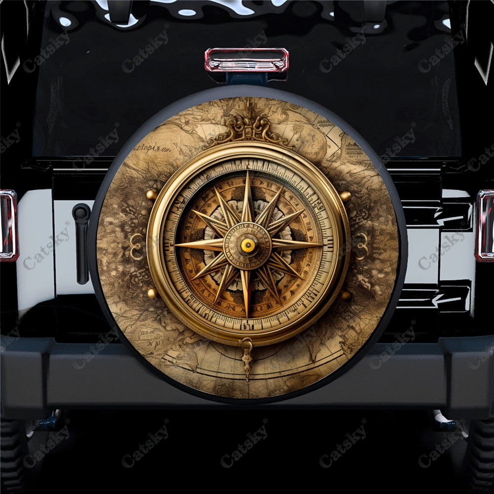 Old World Map with Compass Pattern Polyester Universal Spare Wheel Tire ...