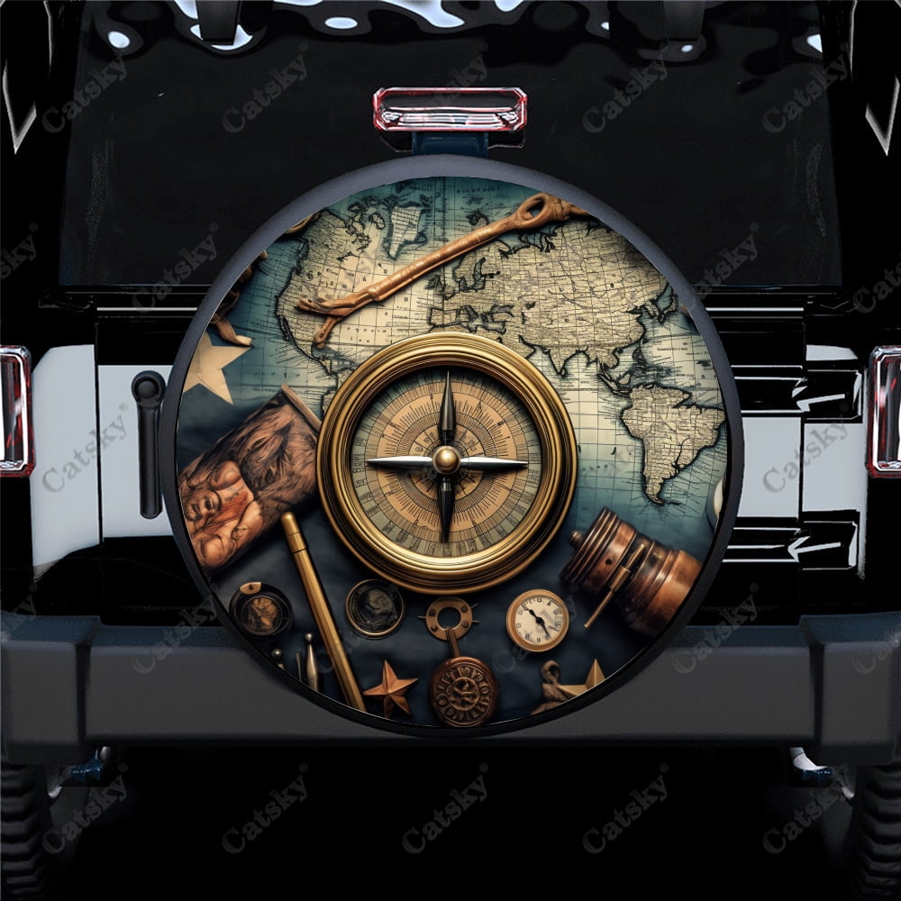 Old World Map with Compass Pattern Polyester Universal Spare Wheel Tire ...