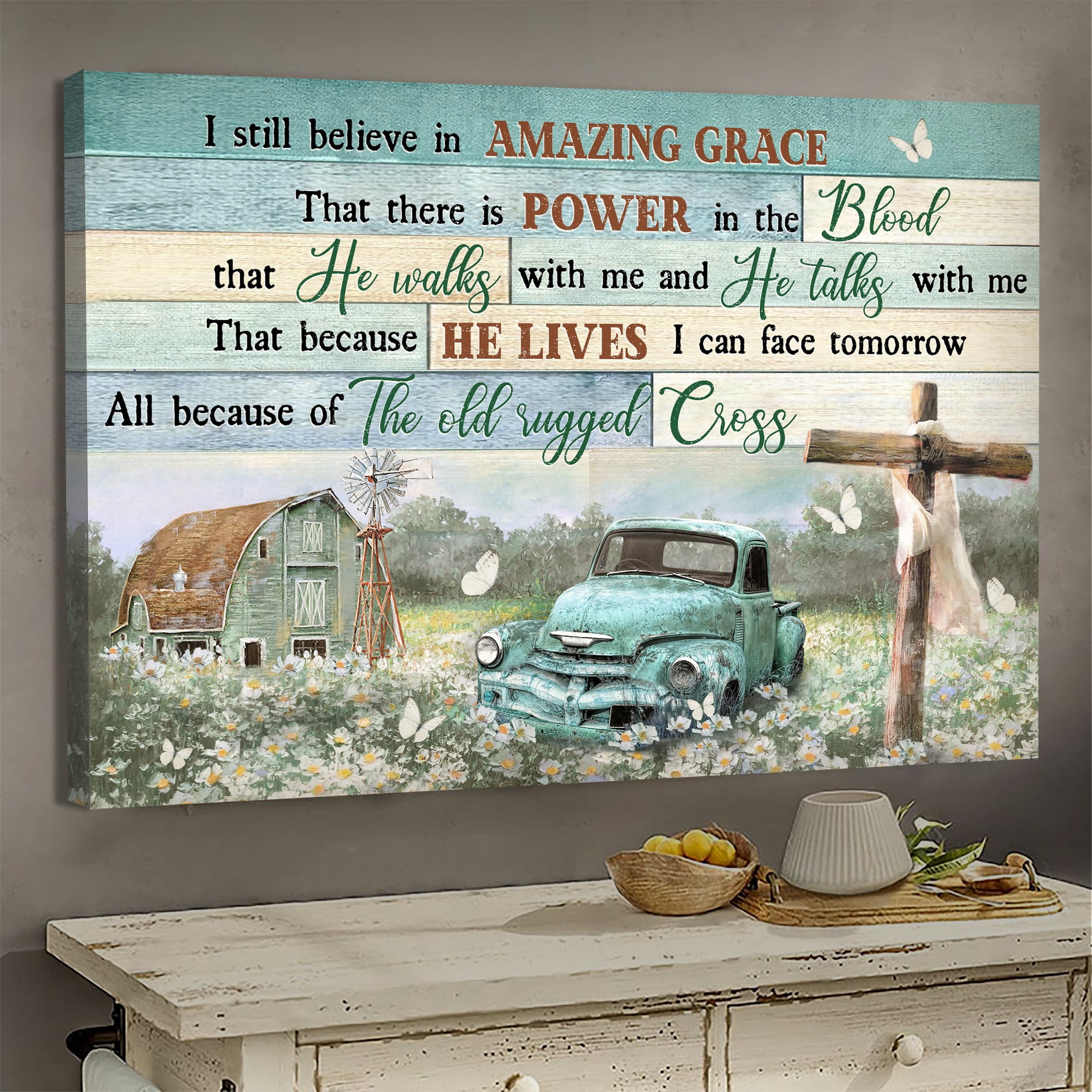 Old car, Flower field, Wooden Cross, I still believe in amazing grace ...