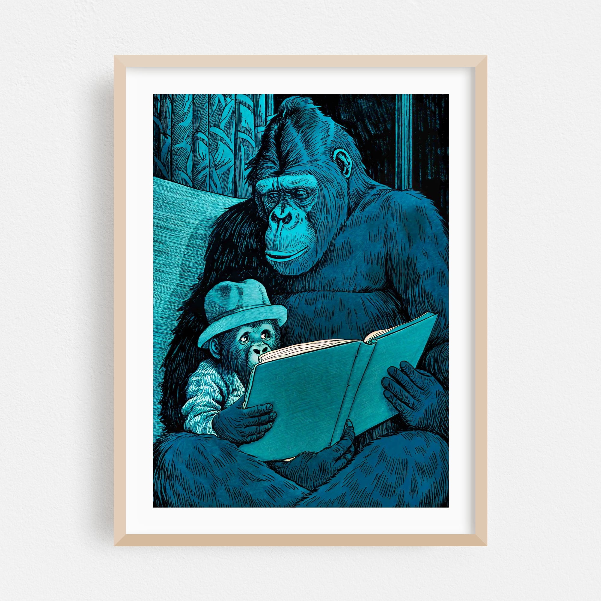 Old vintage gorilla reading a book to a young gorilla - Illustration ...
