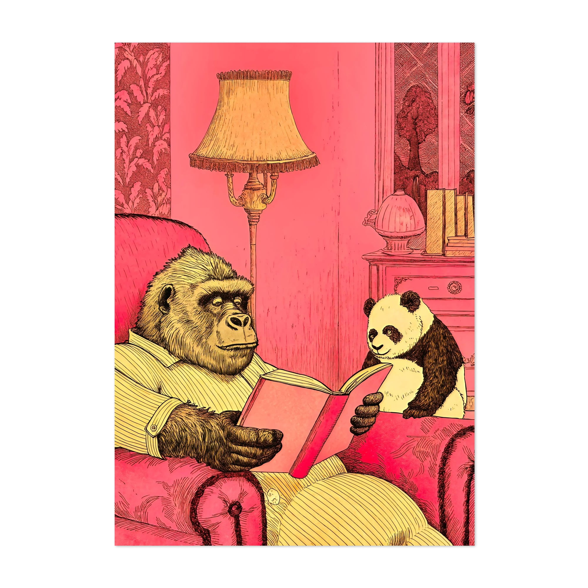 Old vintage gorilla reading a book to a young panda - Illustration ...