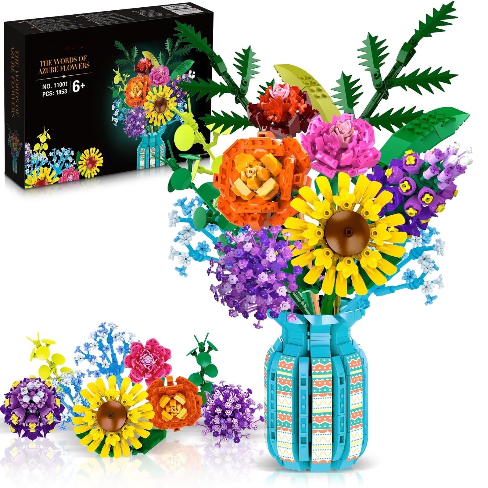 OldPAPA Flowers Bouquet Building Set with Vase - 1853PCS Flower ...