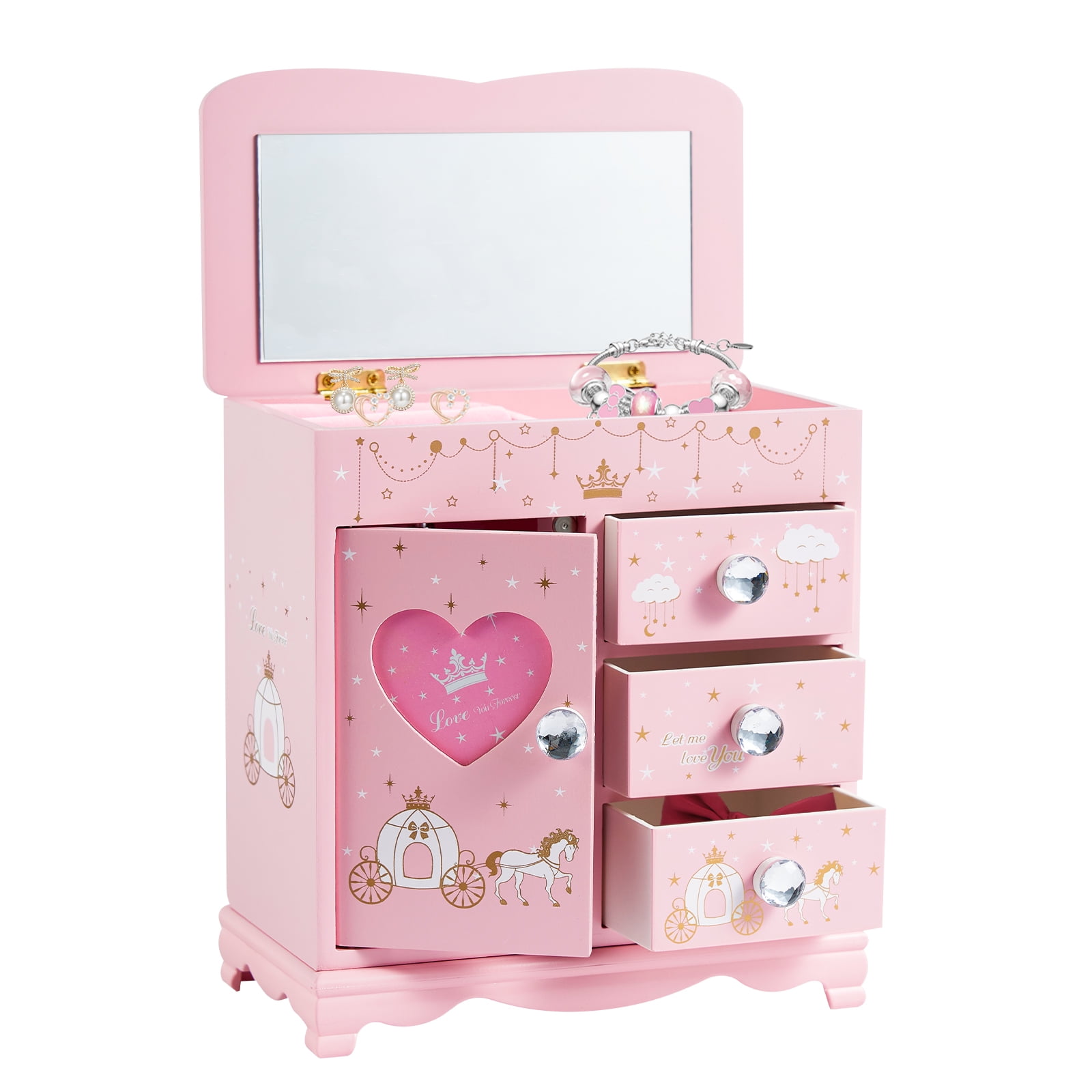 OldPAPA Girls Wooden Jewelry Box, Pink Castle Design, Drawer and Mirror ...