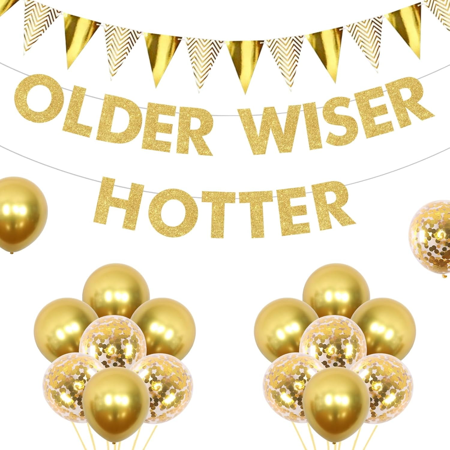 Older Wiser Hotter Birthday Decor Set, Gold Banner, Balloons, Goblet ...