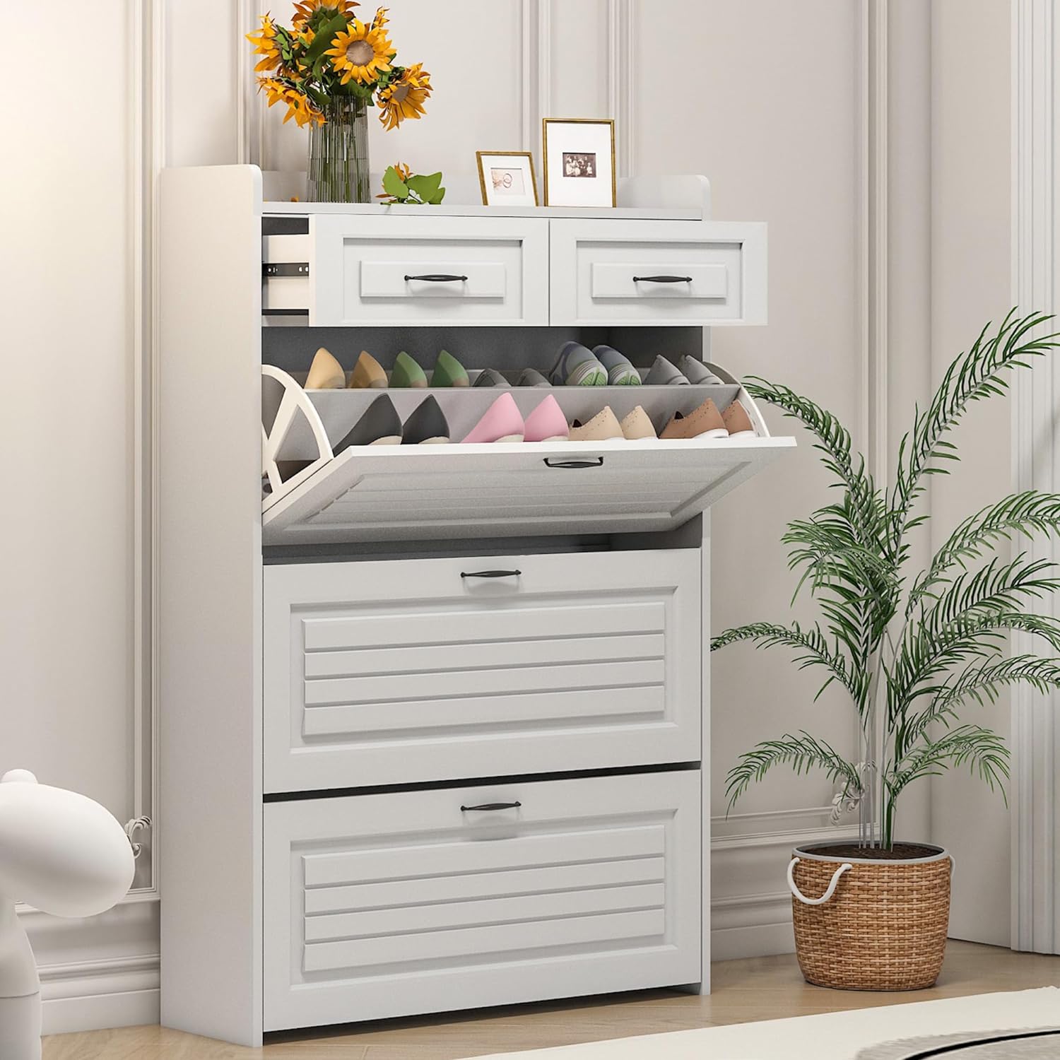 Olela Narrow Slim Shoe Storage Cabinet with Deppened Flip Drawers ...