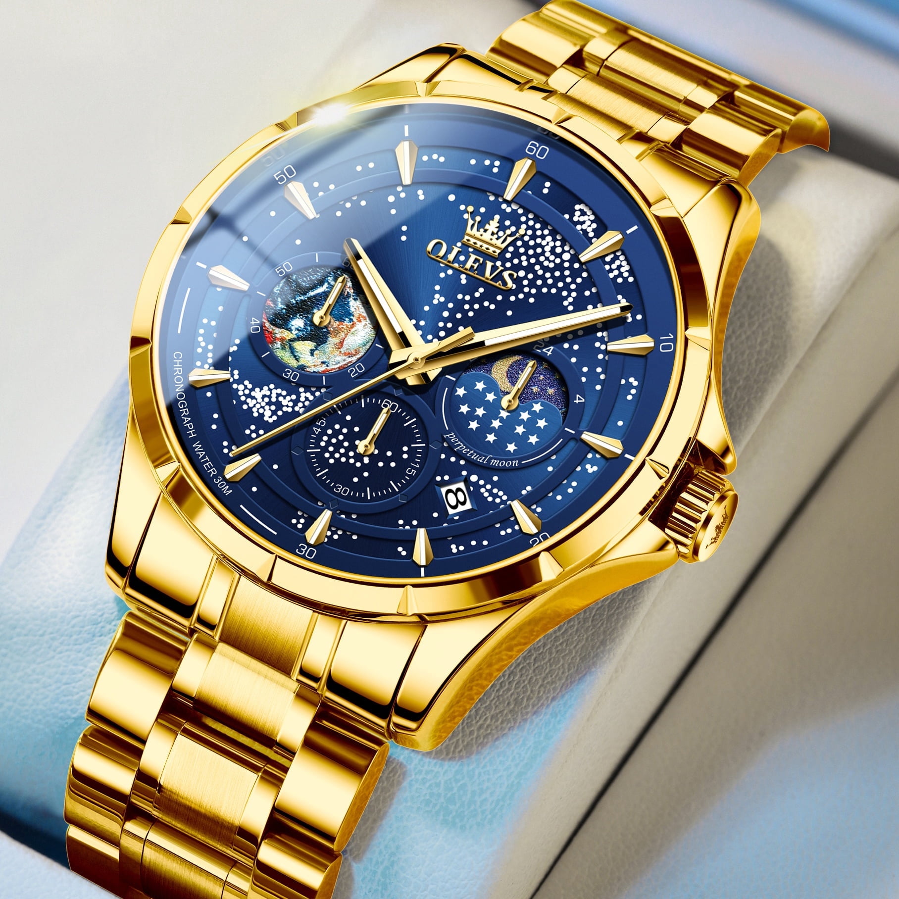 Olevs Men's Watches Starry Sky Moon Phase Dial Luxury Business Quartz ...