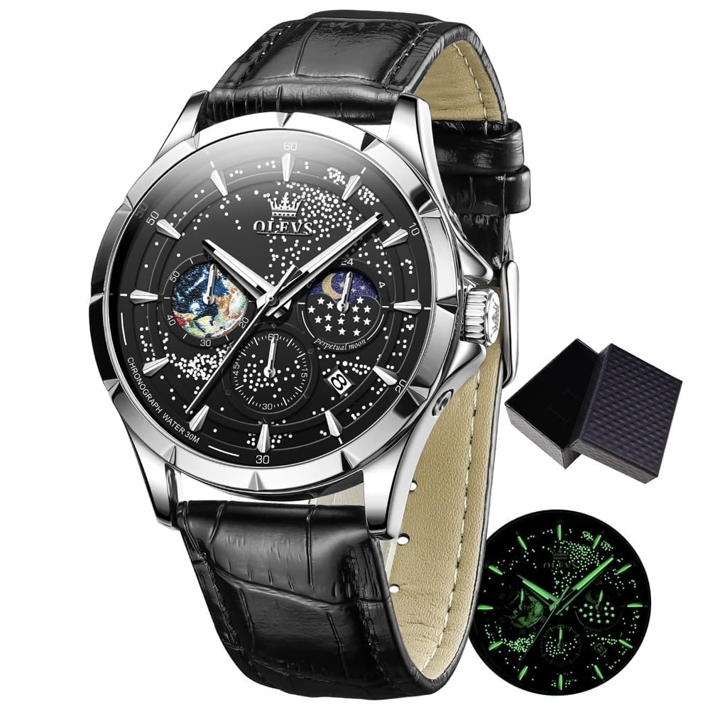 Olevs Men's Watches Starry Sky Moon Phase Dial Luxury Business Quartz ...
