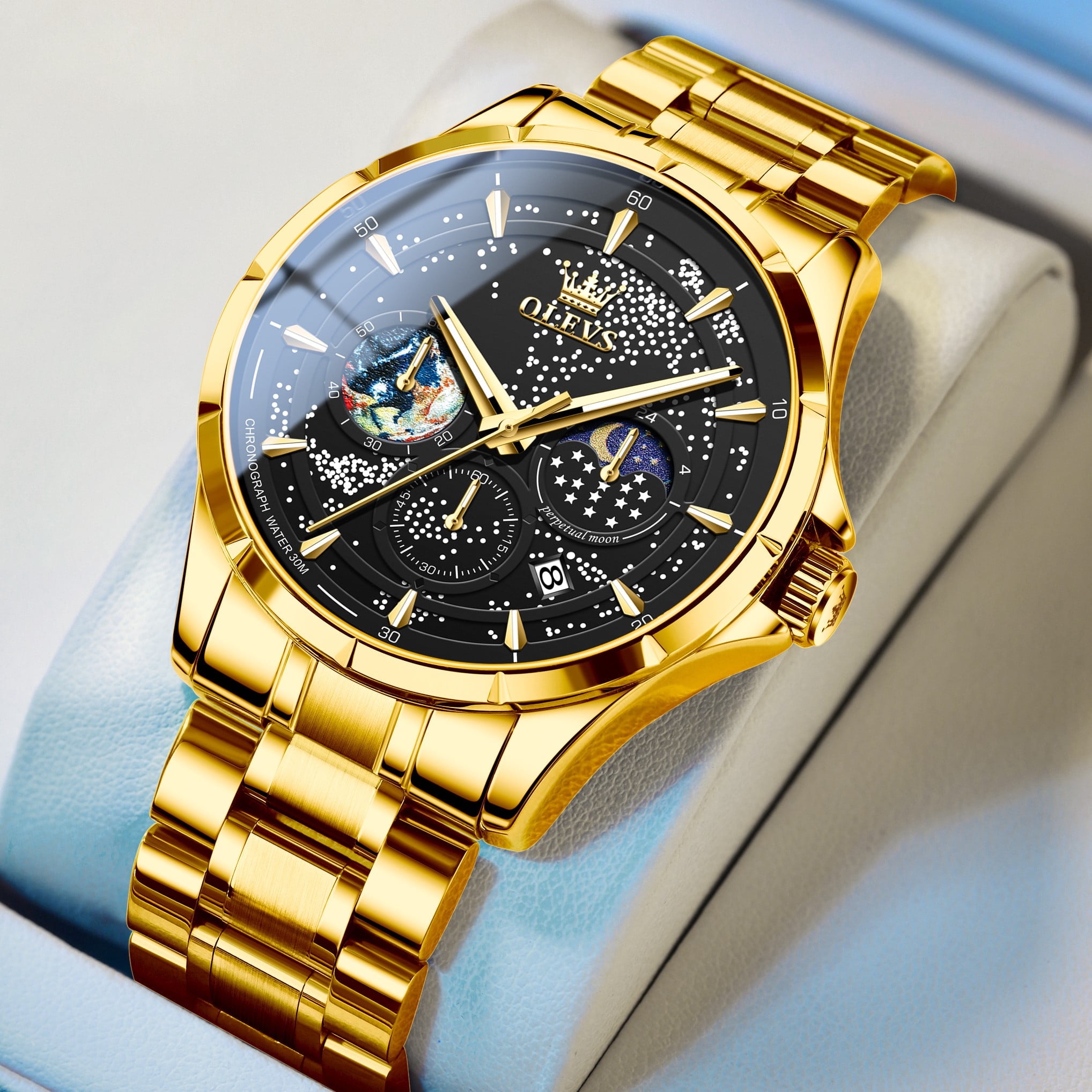 Olevs Men's Watches Starry Sky Moon Phase Dial Luxury Business Quartz ...