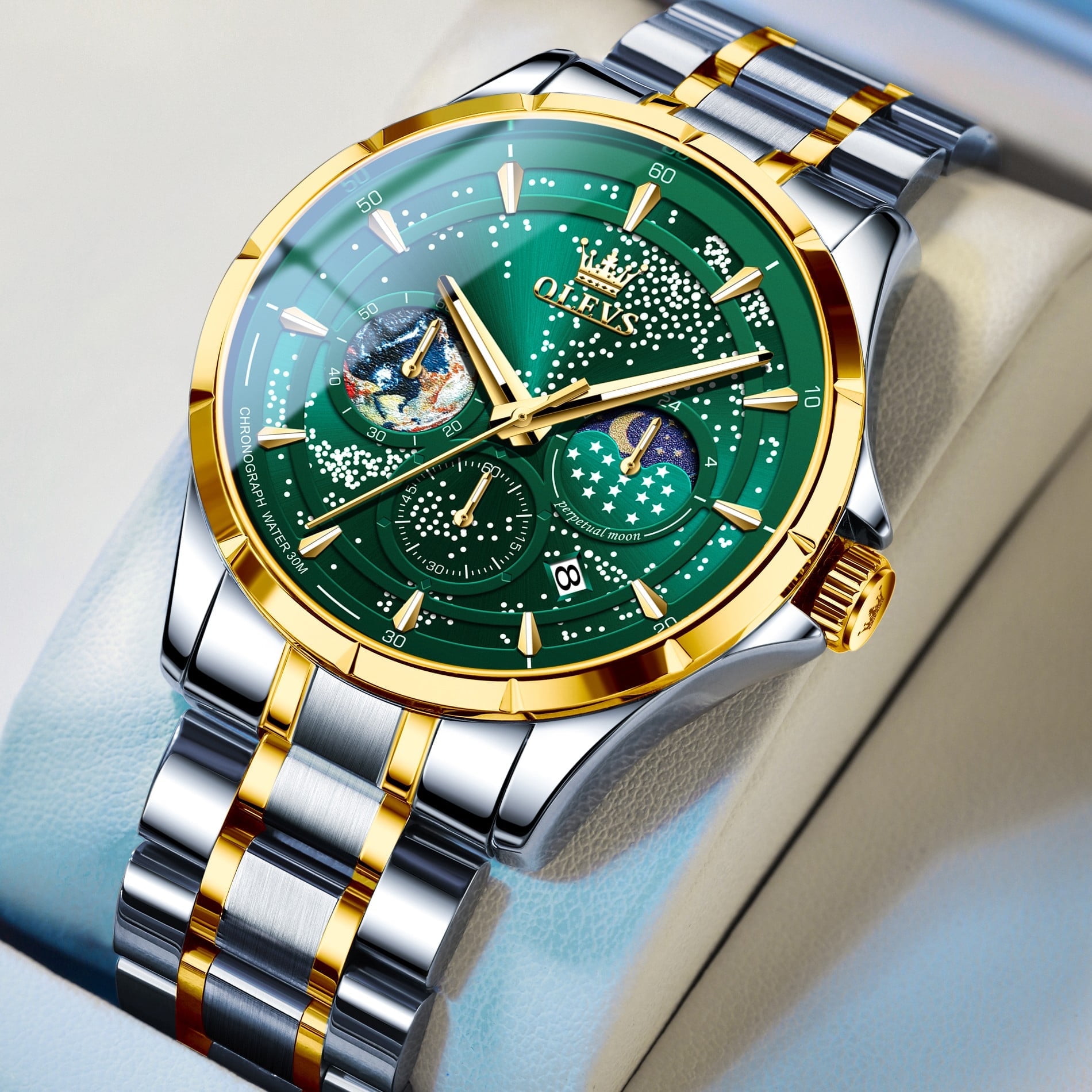 Olevs Men's Watches Starry Sky Moon Phase Dial Luxury Business Quartz Wrist Watches for Male ...