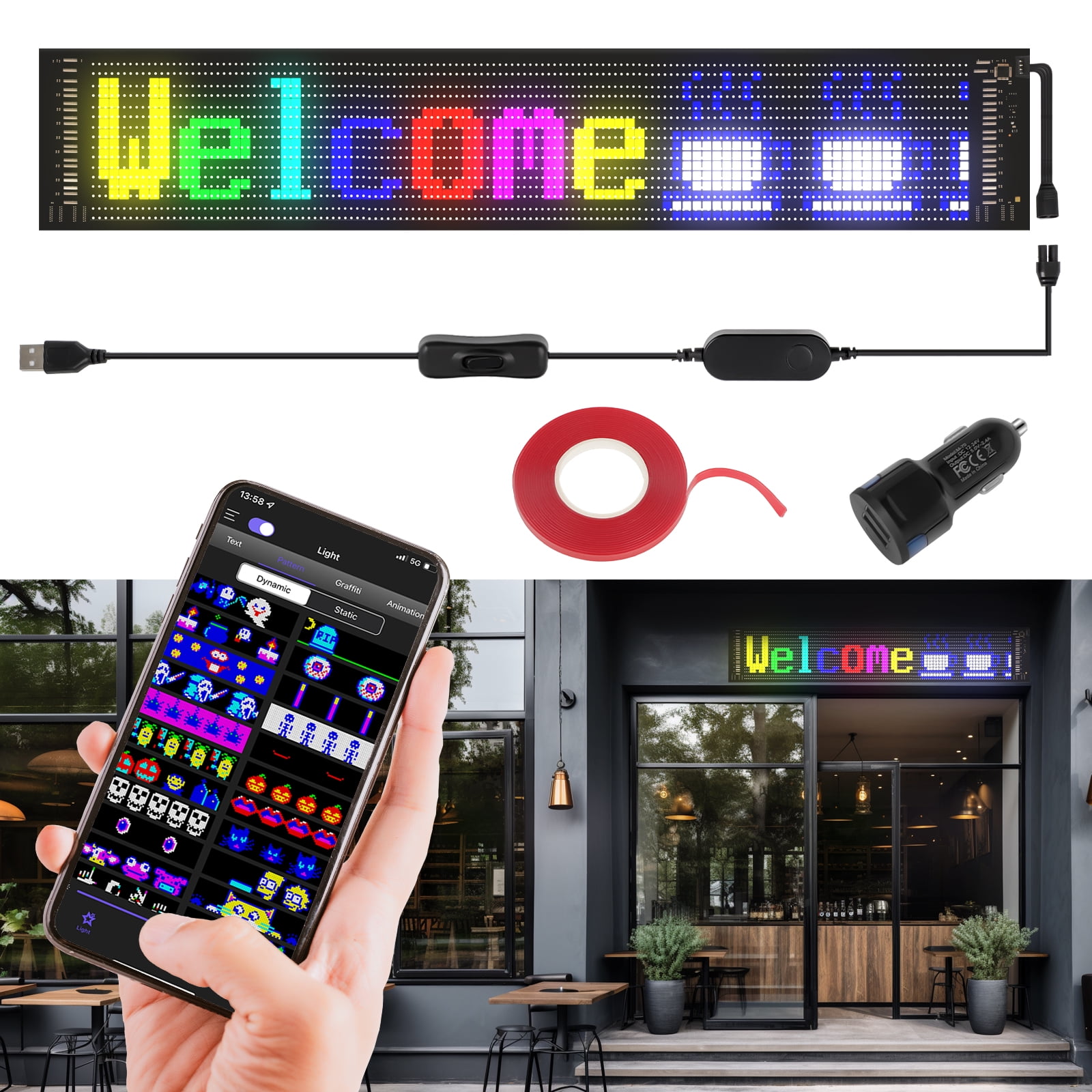Oleyer LED Car Sign, RGB Display, Bluetooth App, Customizable for Store ...