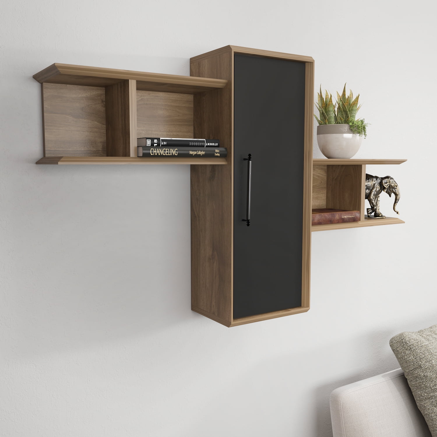 Olida 57'' Wide Slim Wall Cabinet with Storage, 2 Shelves, Walnut Black ...
