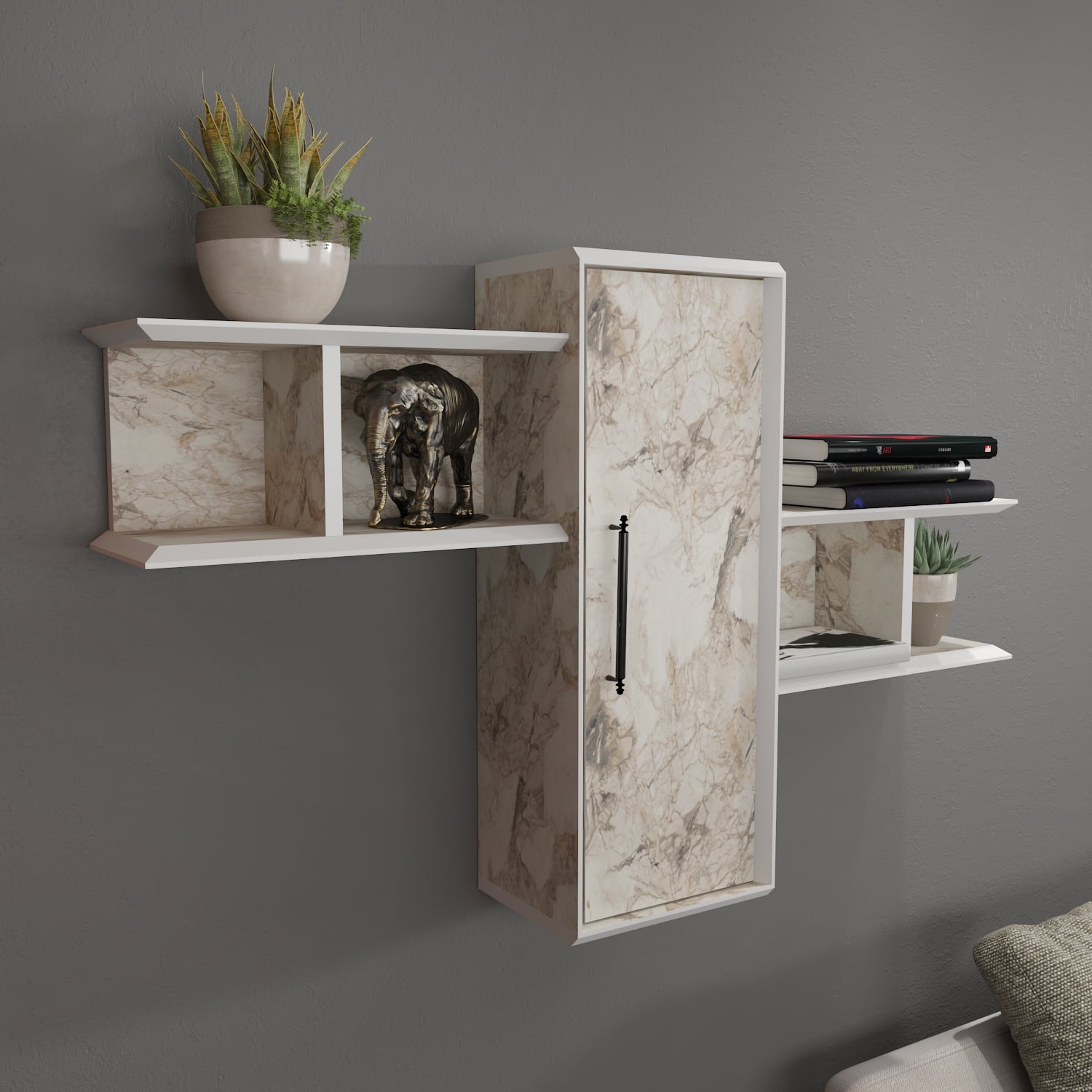 Olida 57'' Wide Wood Decorotive Slim Wall Cabinet with 2 Shelves Marble ...