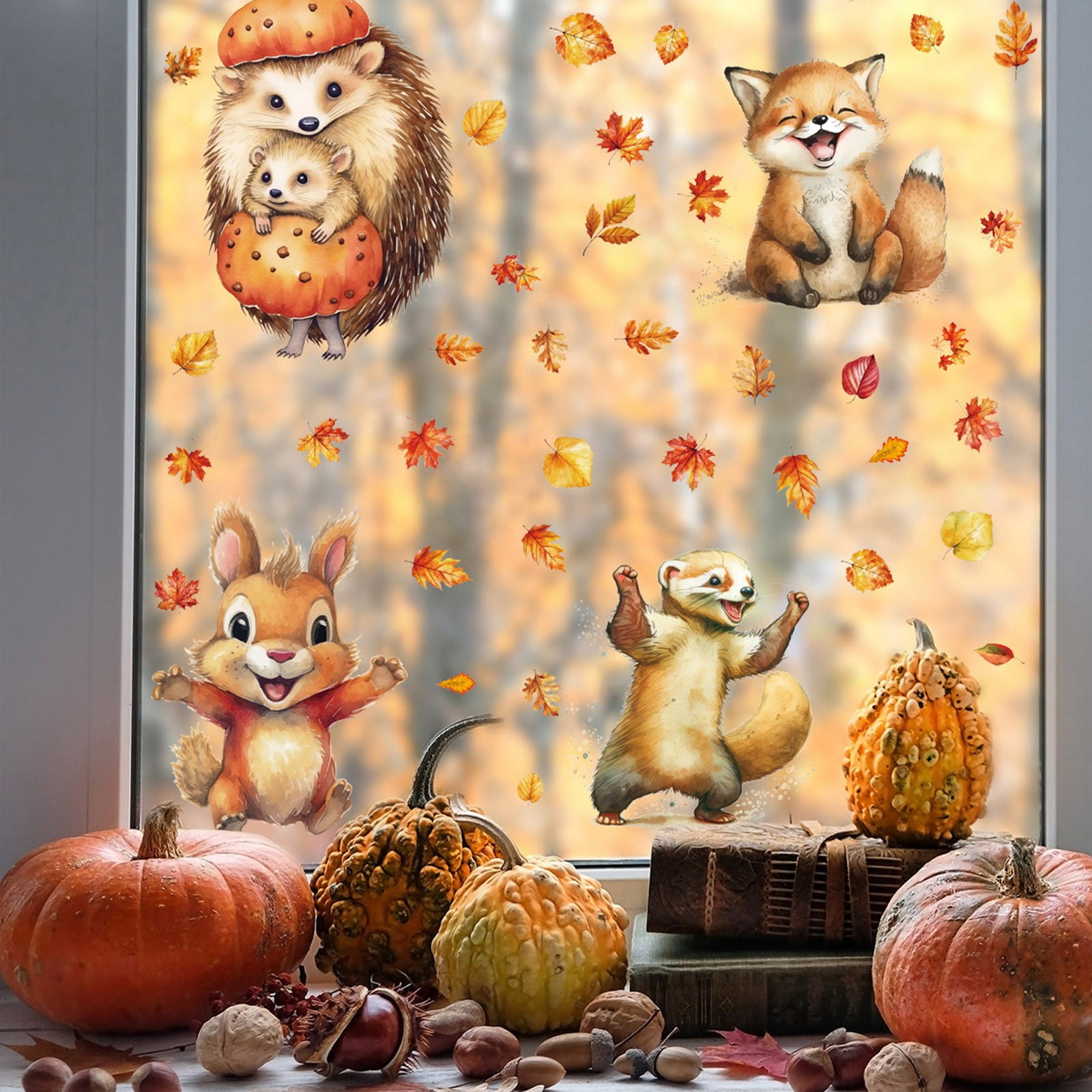 Oliegs Fall Animals Window Clings Autumn Pumpkin Squirrel Owl Glass ...