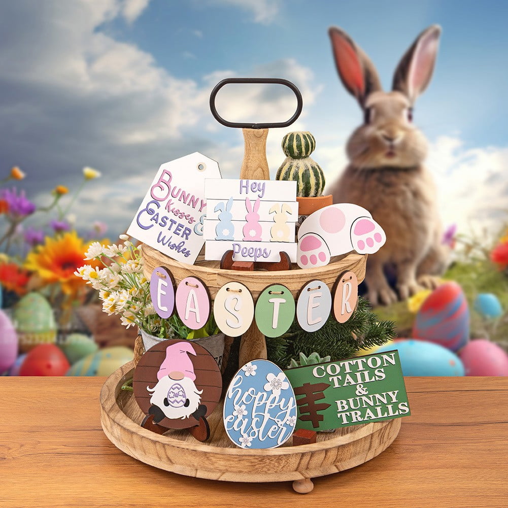 Olilia 12 Pcs Easter Tiered Tray Decor Wooden Carrot Patch Bunny Egg Items Happy Easter Tray ...